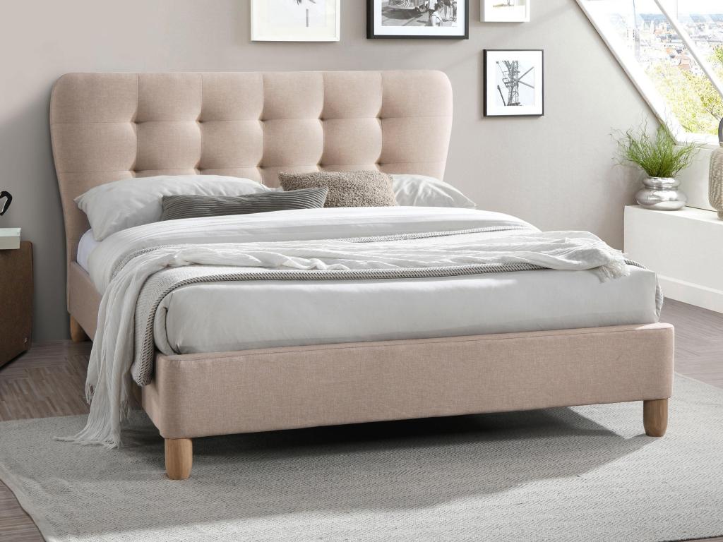 Cama de 160 x 200 cm con cabecero capitoné - Tela - Beige - ELIDE ...