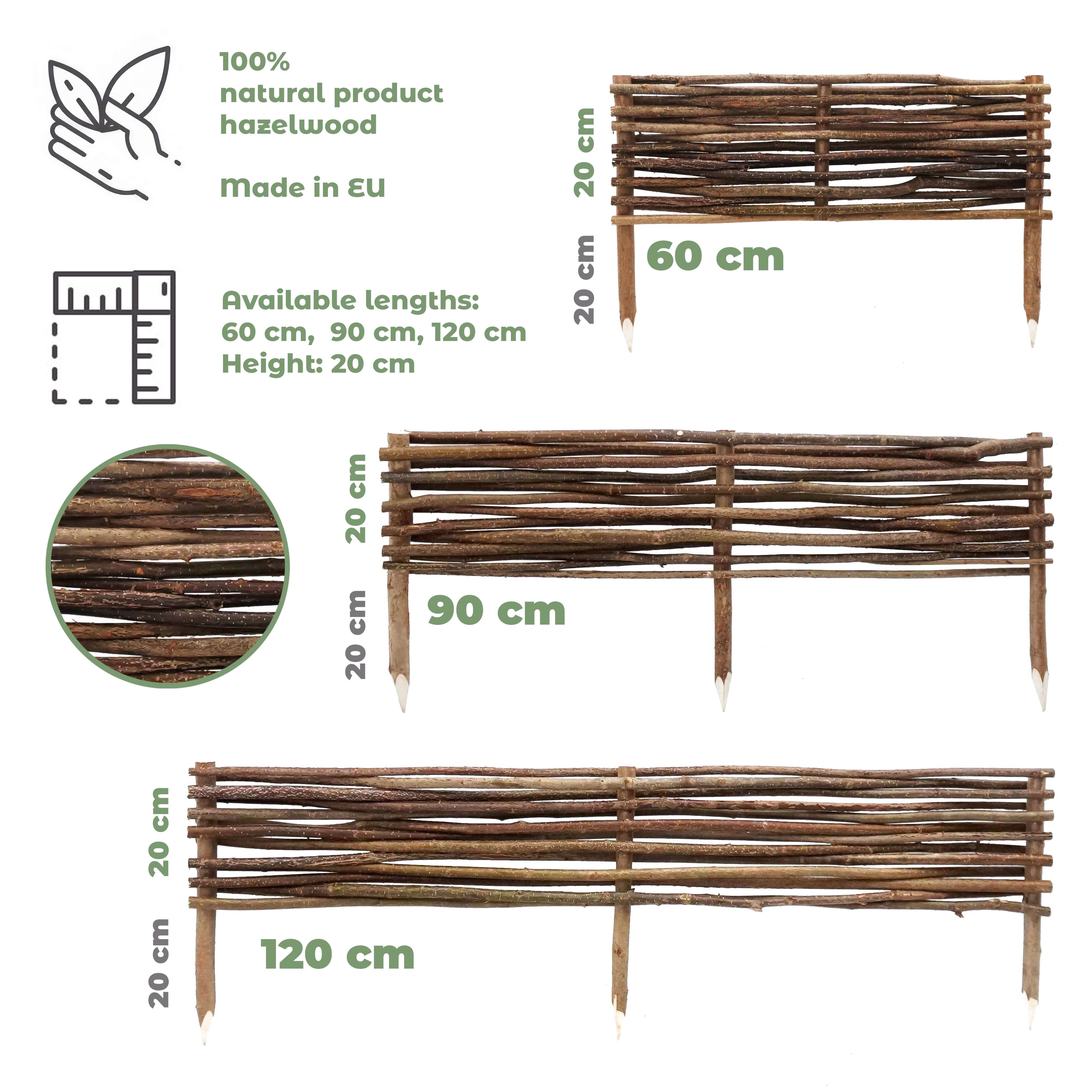 BOGATECO 3 x bordure de jardin en osier noisette | 20 cm de haut et 60 ...
