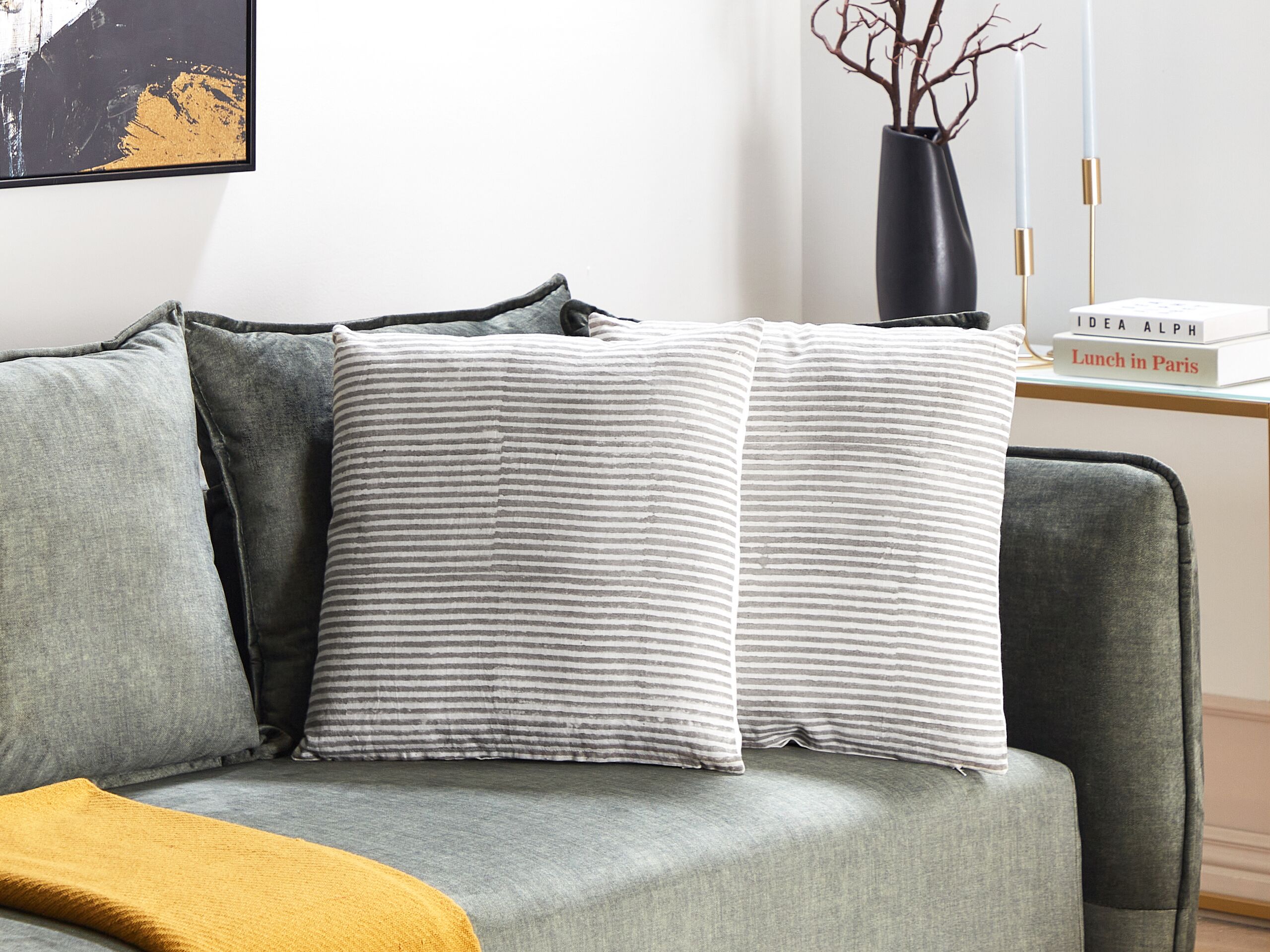 Beliani Conjunto de 2 cojines A rayas KANPAS Lino 50 x 50 cm Gris ...