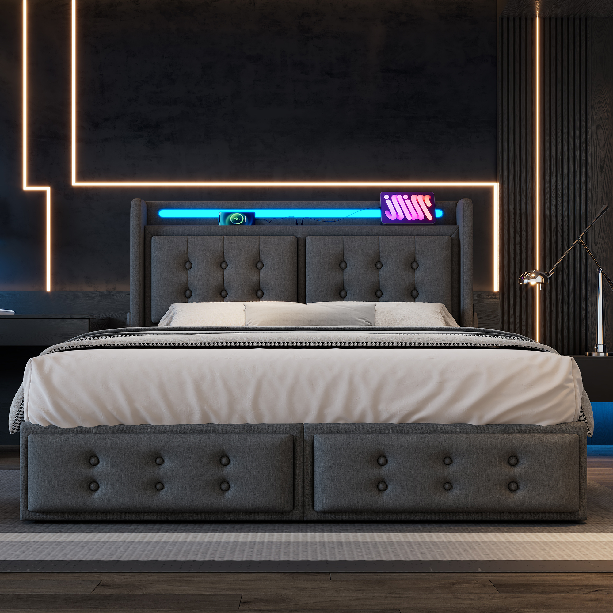 Lit adulte 140x200cm en tissu lin - avec LED et Ports de recharge - 4 ...