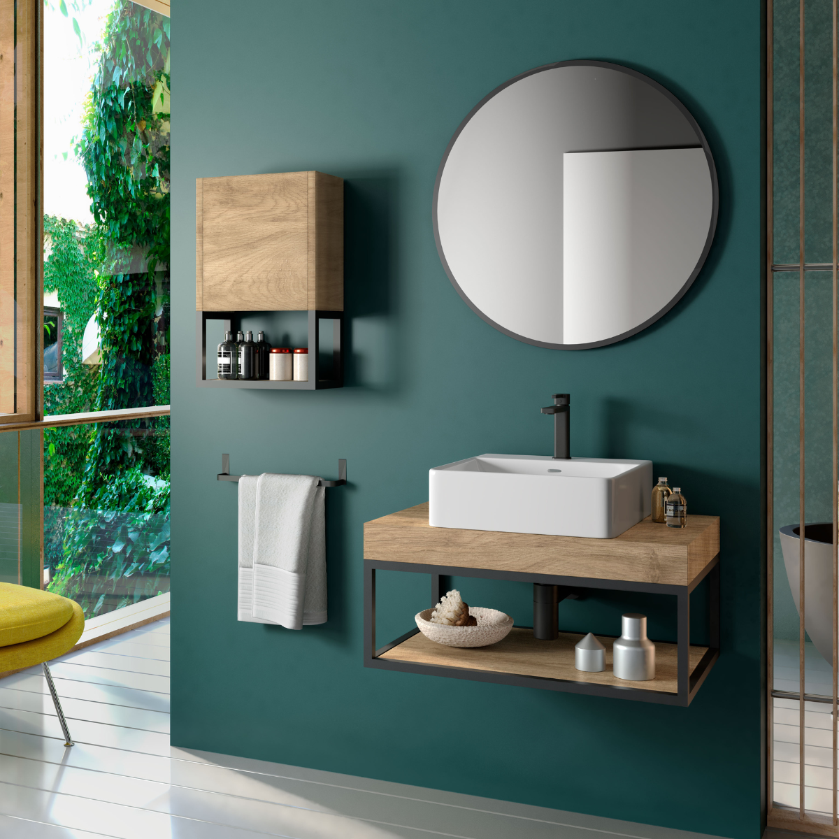 Mueble de Baño Suspendido Encimera Madera | 60cm | con Estructura Negra ...