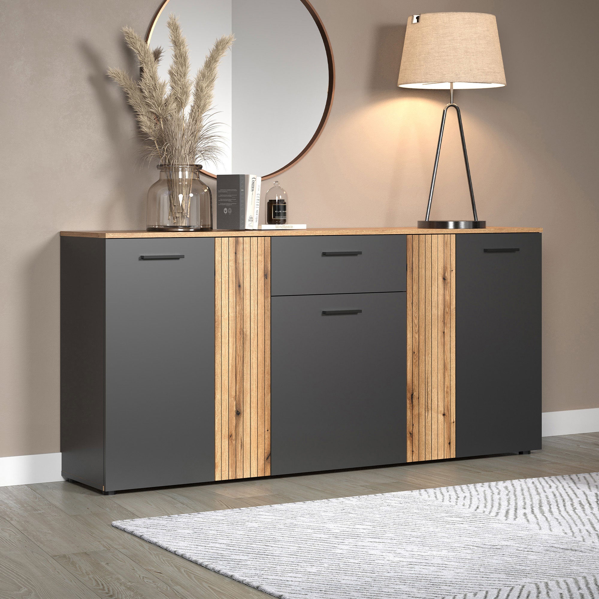 Buffet 5 portes 1 tiroir 180x38x86 cm anthracite et naturel - NOCTYS ...