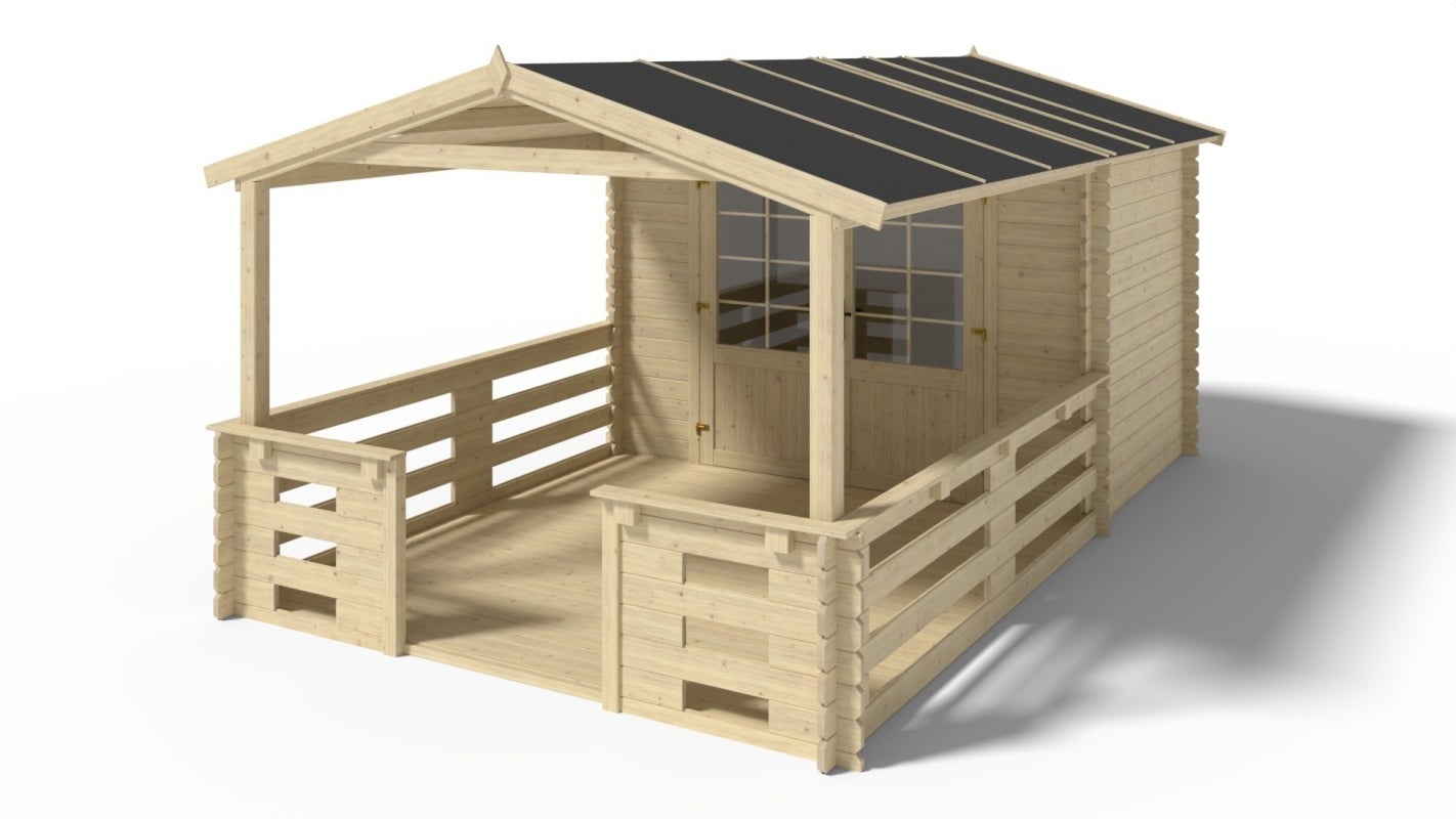 Casetta da giardino in legno con veranda e tettoia - 15m2 - 3x2m - 28mm ...