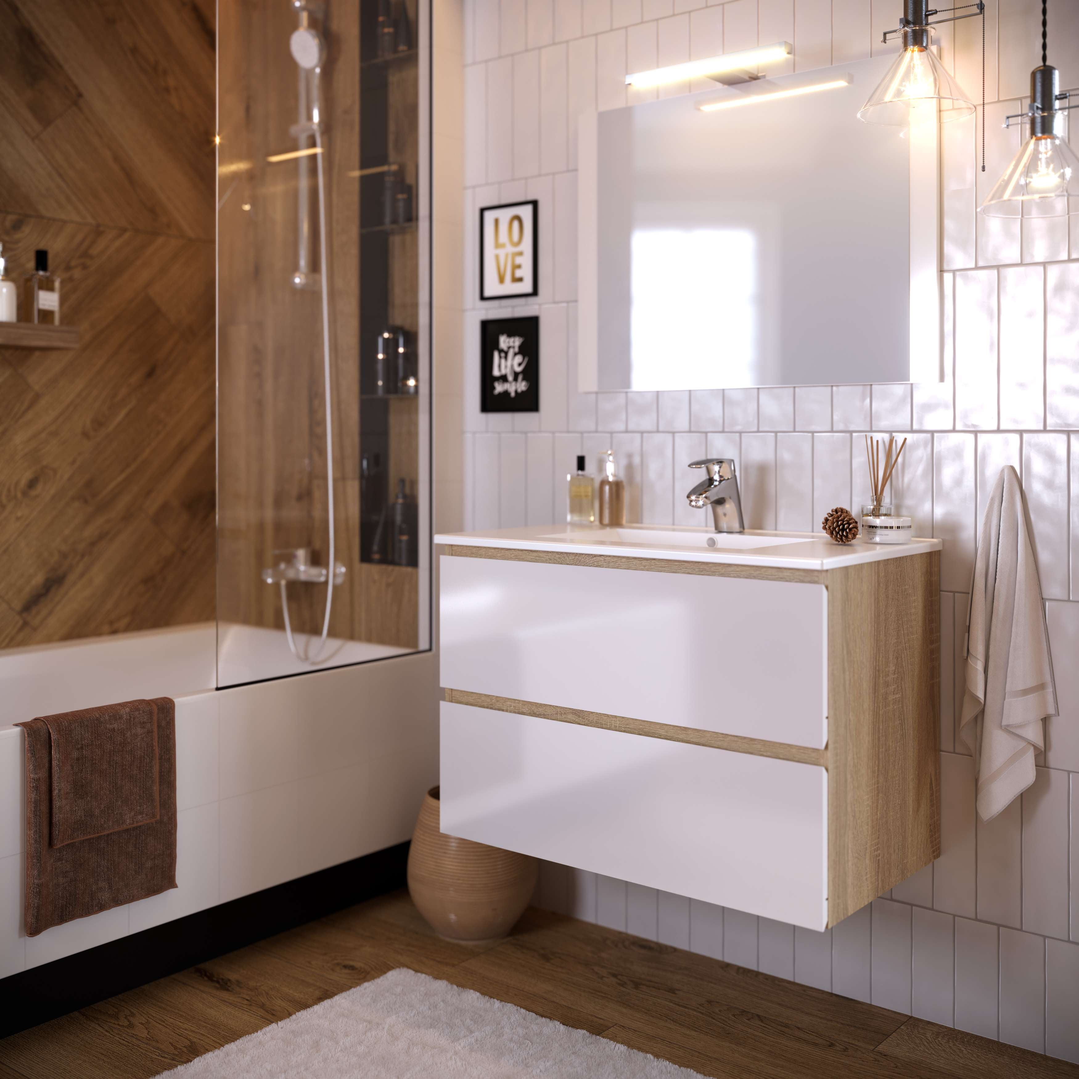 Mueble de baño 80 cm NELI 2 cajones tablero laminado roble y blanco T ...