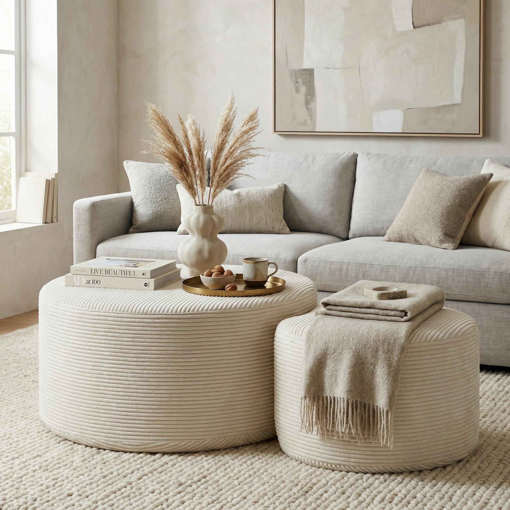 URBAN MEUBLE Table basse ronde 2 pièces avec ottoman rembourré en tissu ...