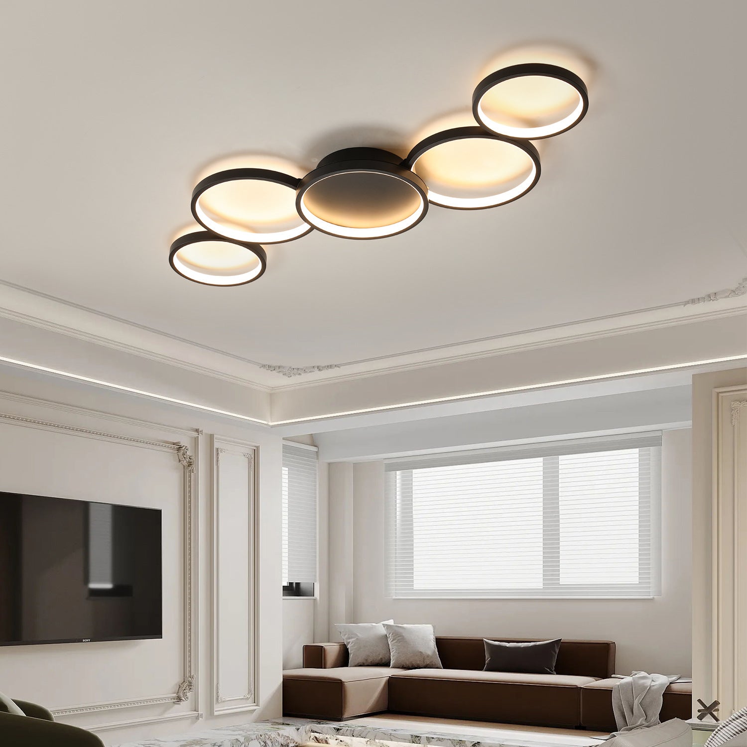 Éclairage LED pour salon, bureau, plafonnier rond à cinq anneaux, noir ...