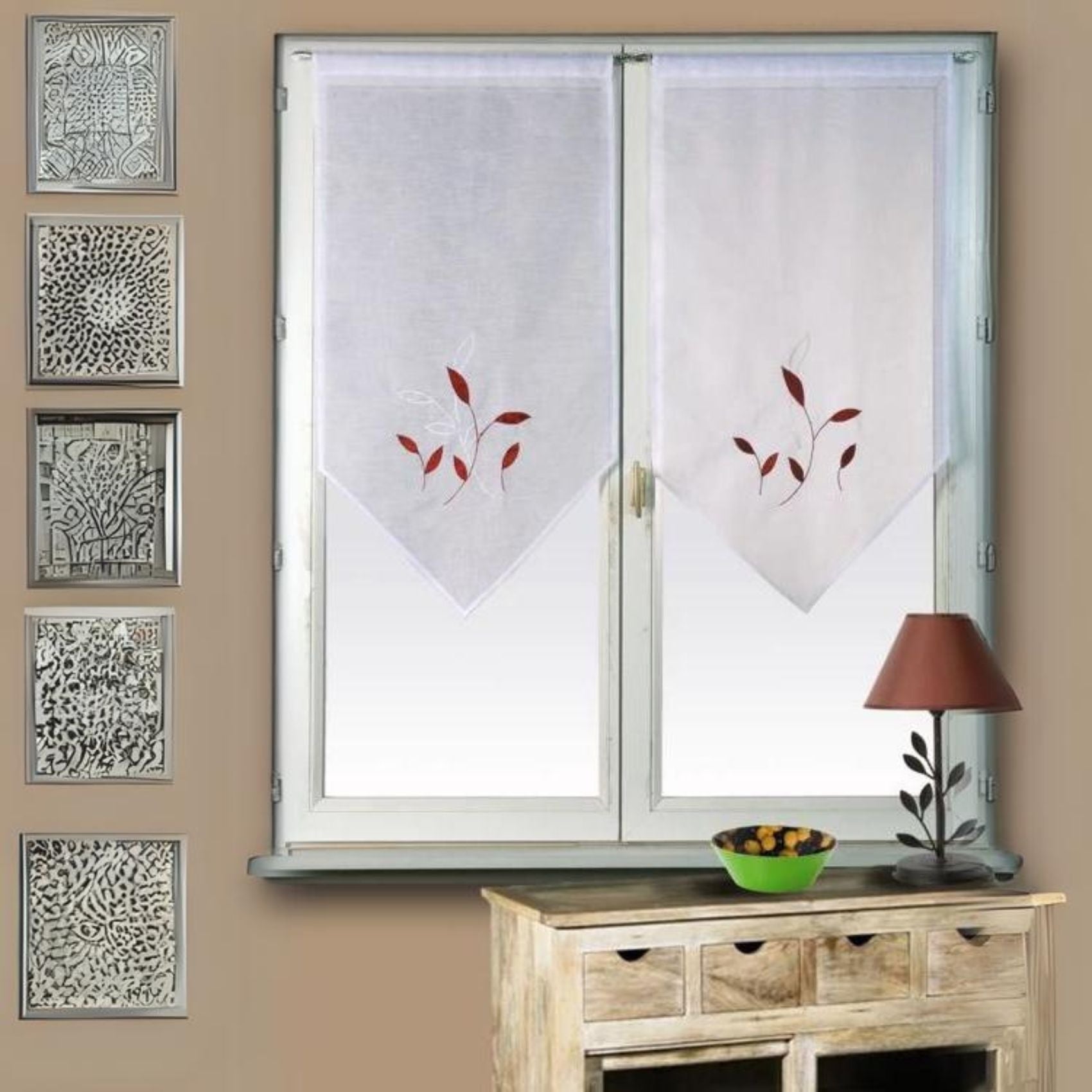 Petits voilages en pointe brodés "Feuilles" - Rouge - 45x90 cm ...