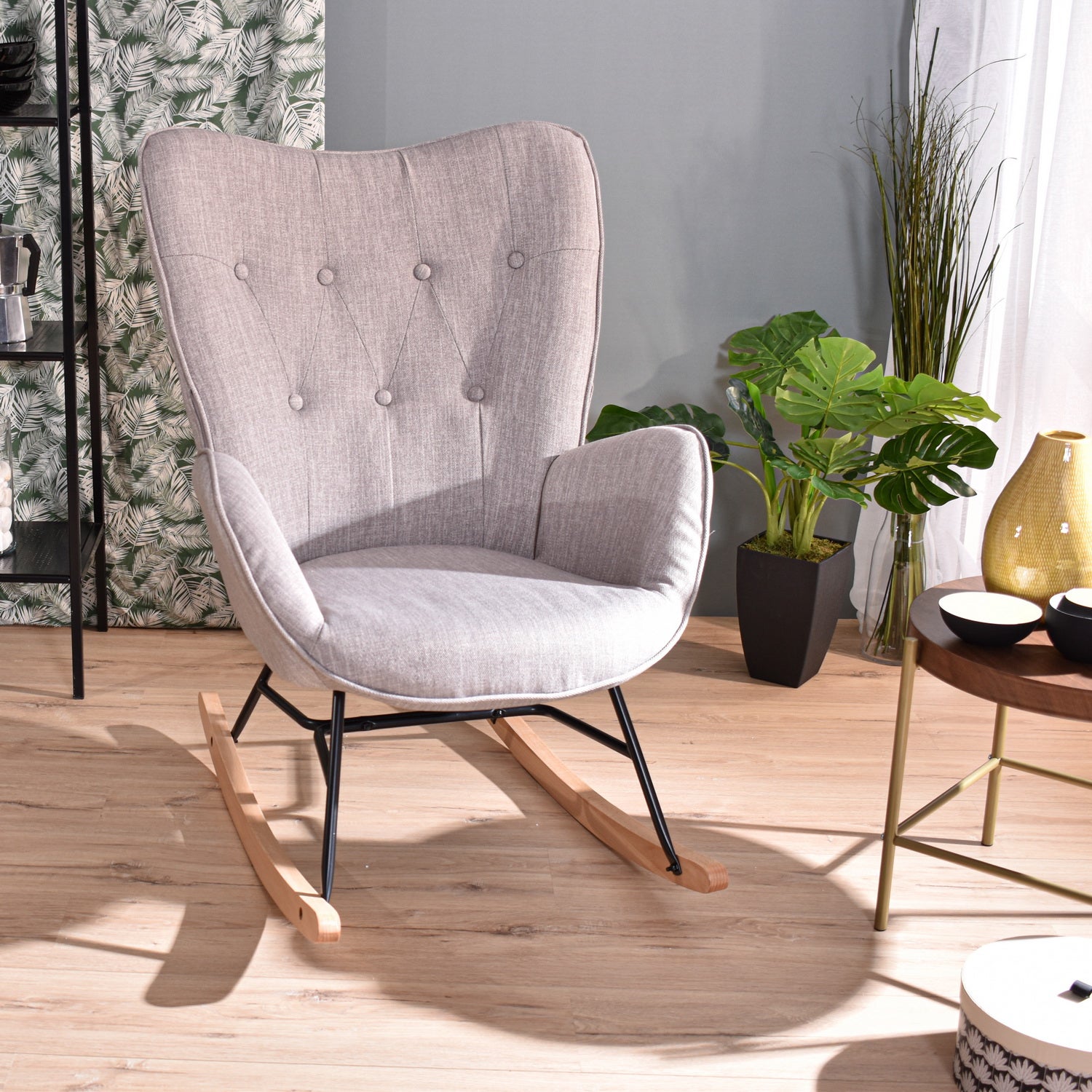 Fauteuil à bascule scandinave en tissu doux, design épuré, pieds bois ...
