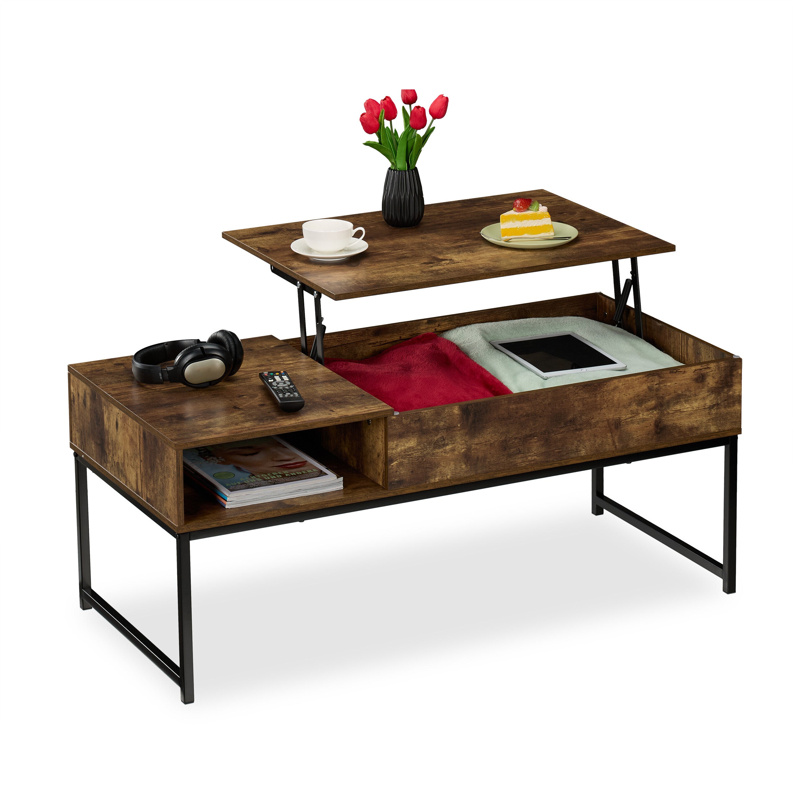 Relaxdays Table basse avec plateau relevable, HLP : 45x110x50 cm, effet bois et métal, table de ...