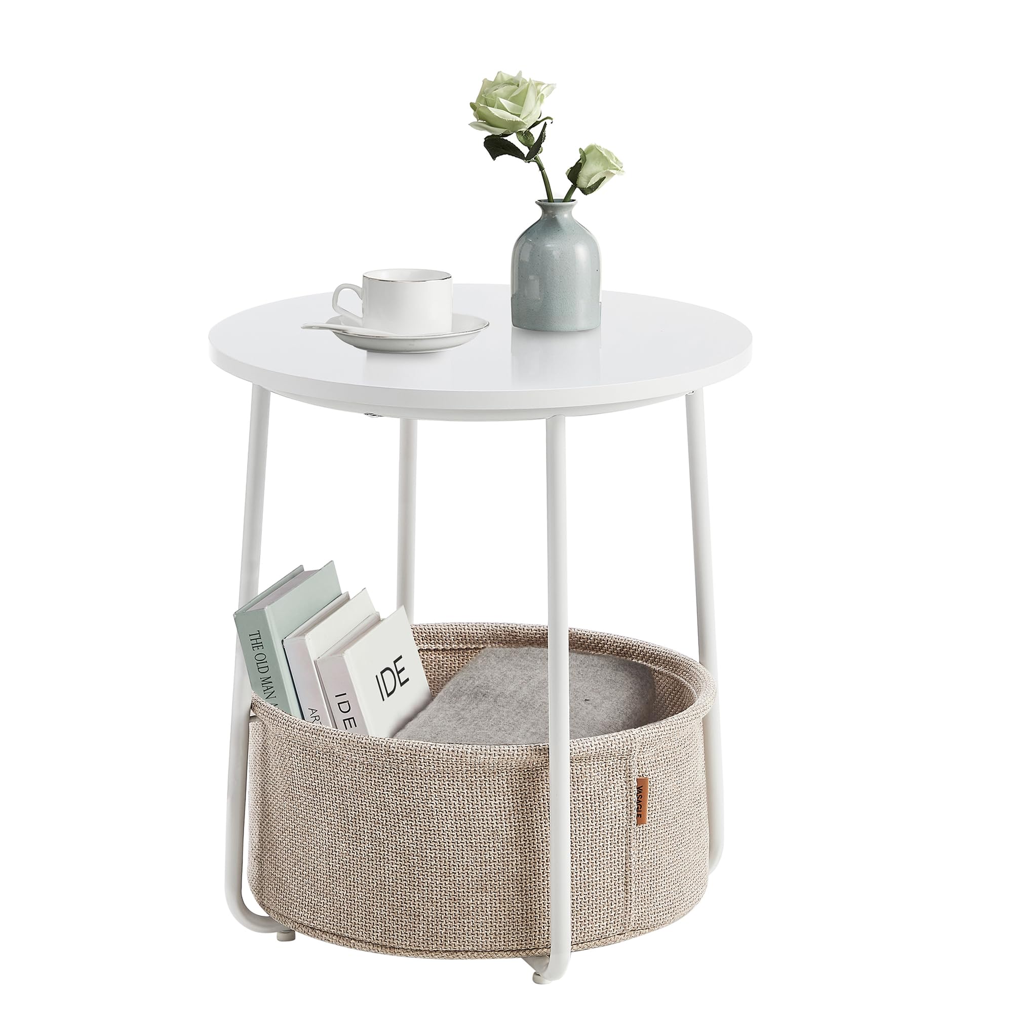Petite Table Basse Ronde, avec Panier en Tissu, Rangement, pour Salon ...