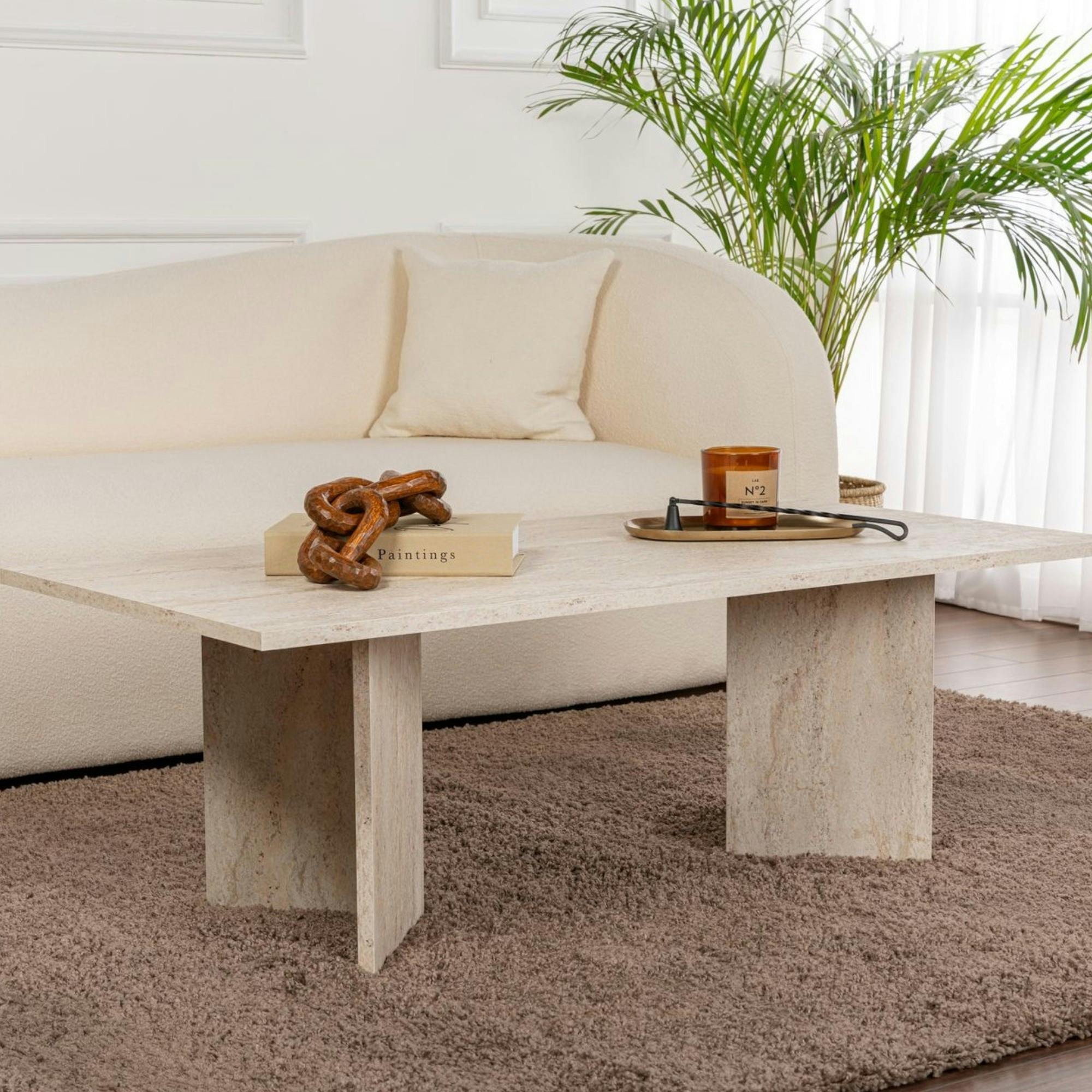 Table basse moderne effet travertin - pieds en V MARFA | Leroy Merlin