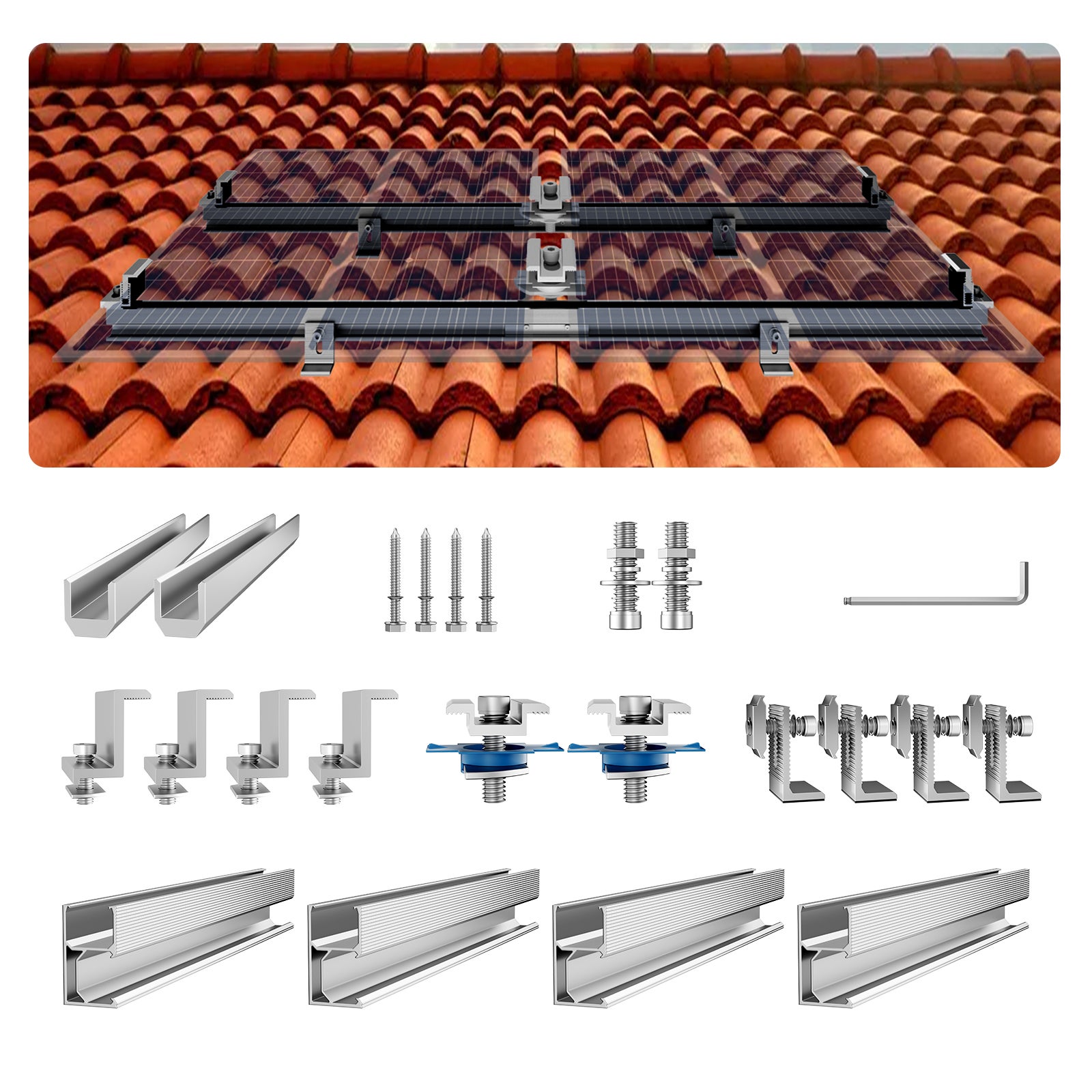 VEVOR Staffa Pannello Solare, Kit di Fissaggio per Pannello Solare con 4 Guide da 760 mm, 4 ...