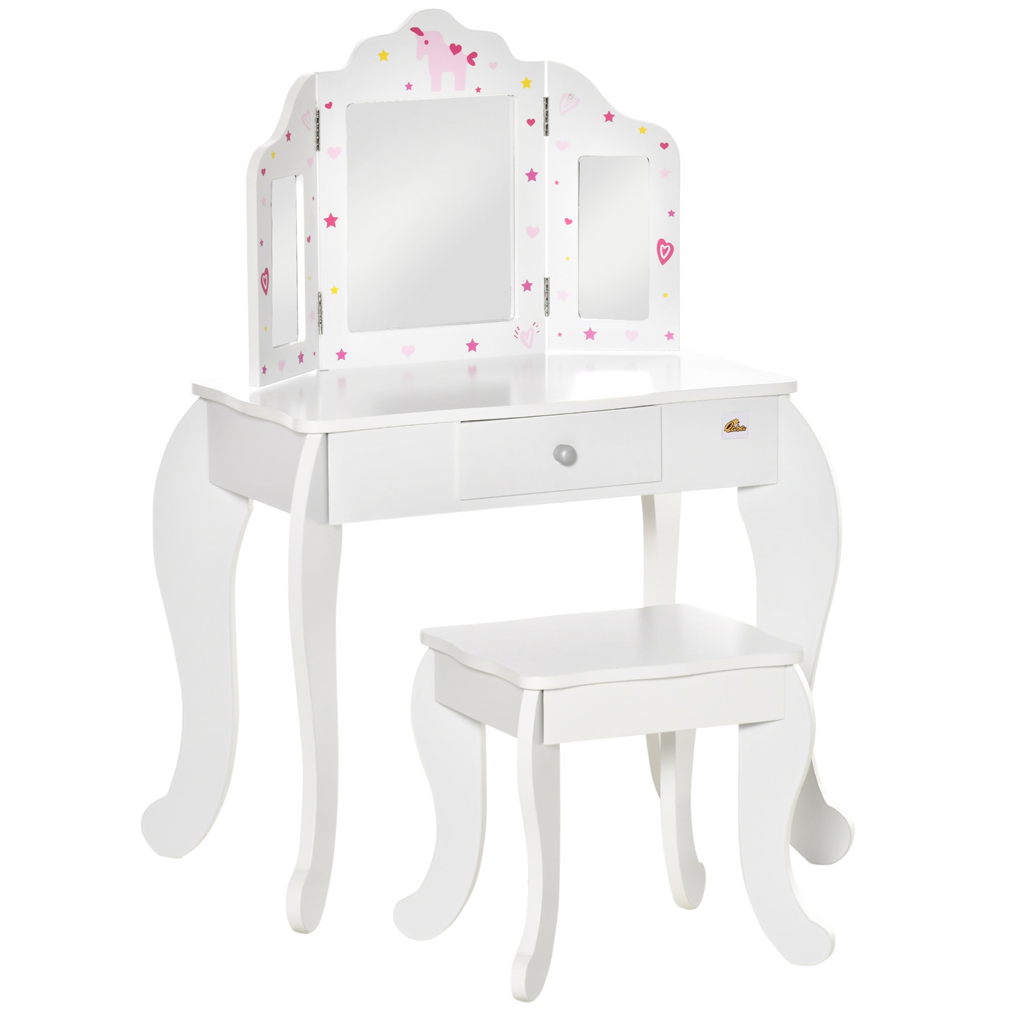 Kids Vanity Table and Chair Set with Tri-Folding Mirror and Stool ...