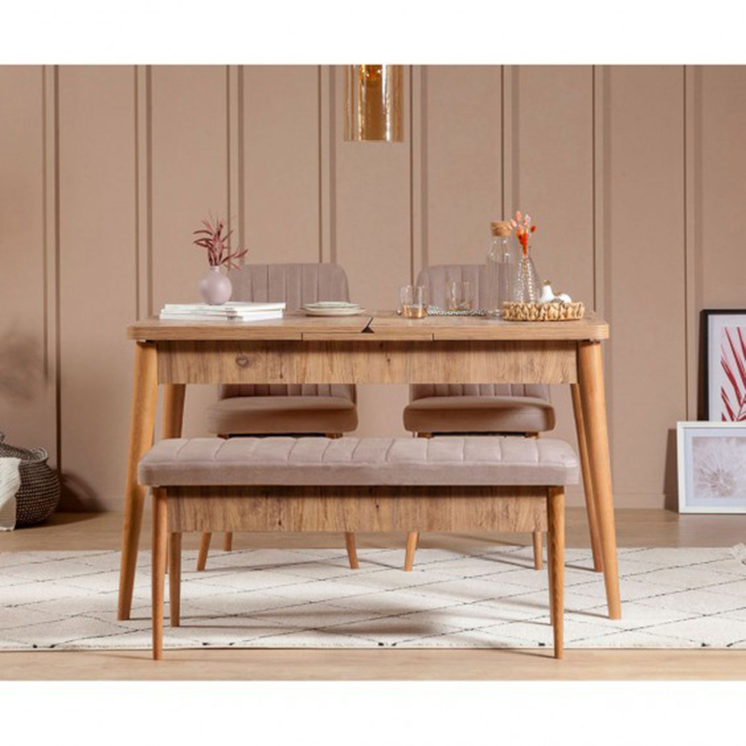 Set table extensible 2 chaises et banquette Malva Bois clair et Tissu Beige | Leroy Merlin