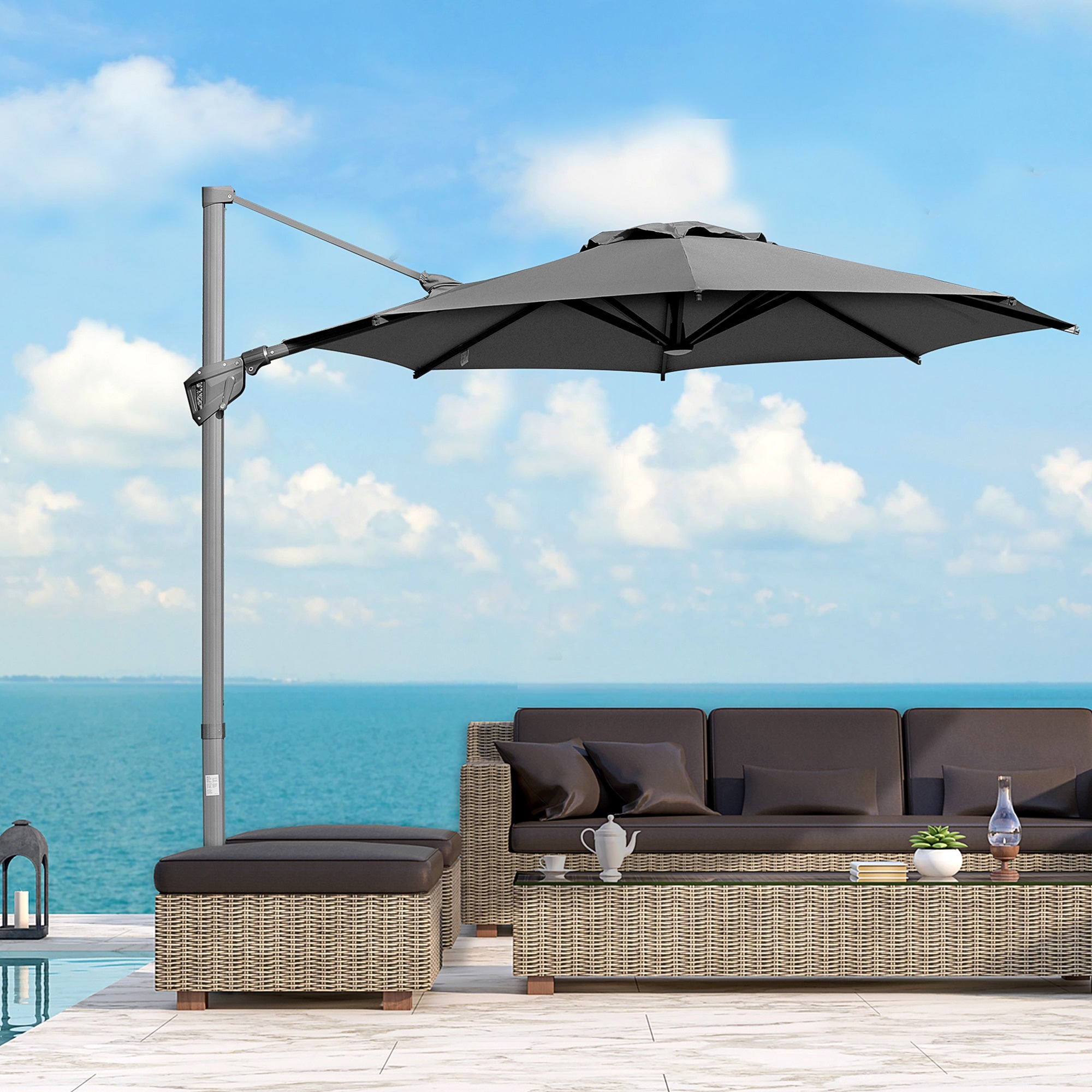 Parasol déporté Ø 300 cm, Parasol de jardin avec manivelle et base ...