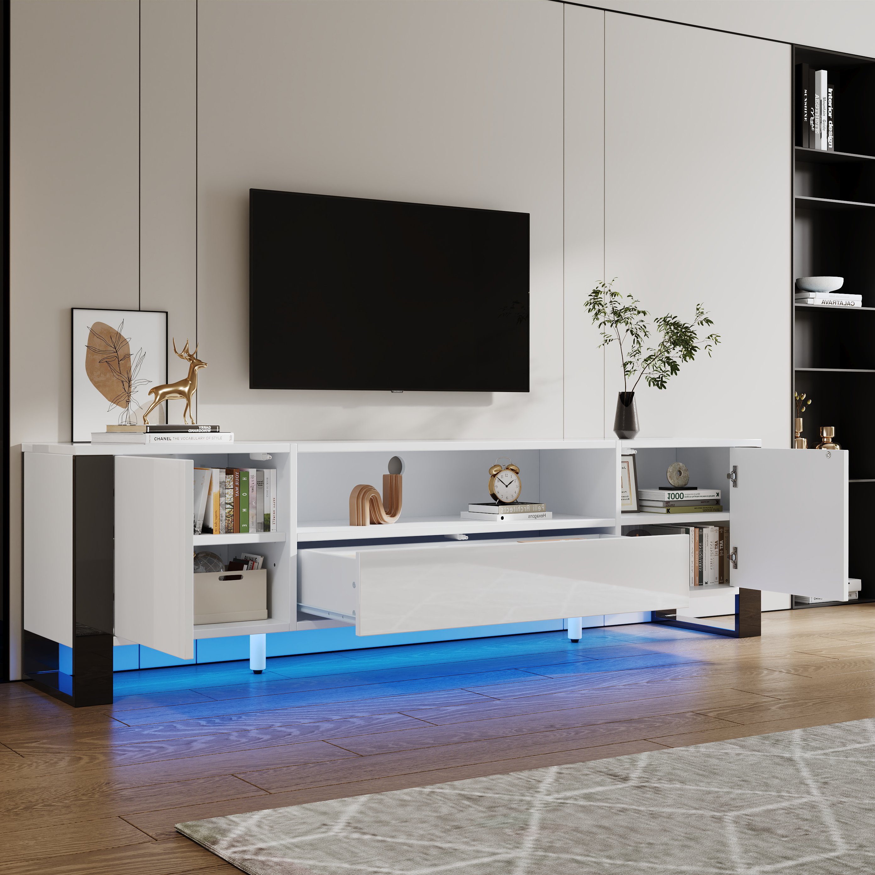 Moderno mueble de TV blanco de alto brillo con iluminación LED y 178 cm ...
