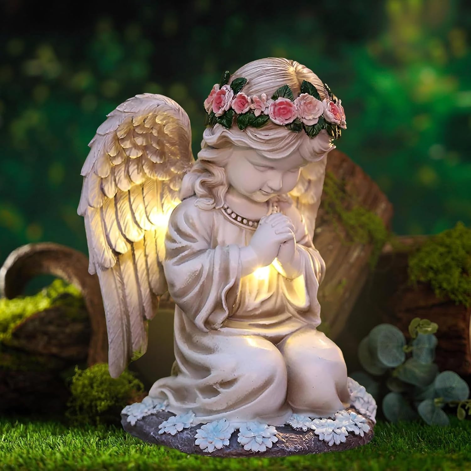 Ange Priant Statue Solaires de Jardin, Figurine d'ange Gardien LED avec ...