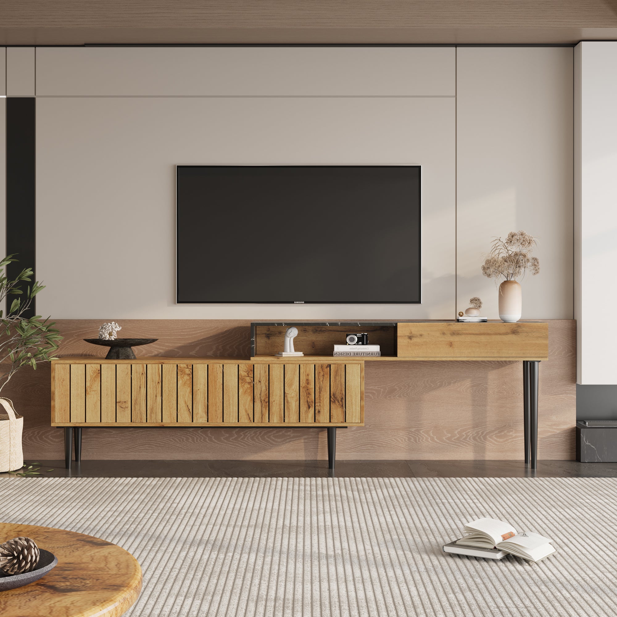 Support TV Moderne Design Marbré & Veinage Bois Foncé - Pieds en Fer ...