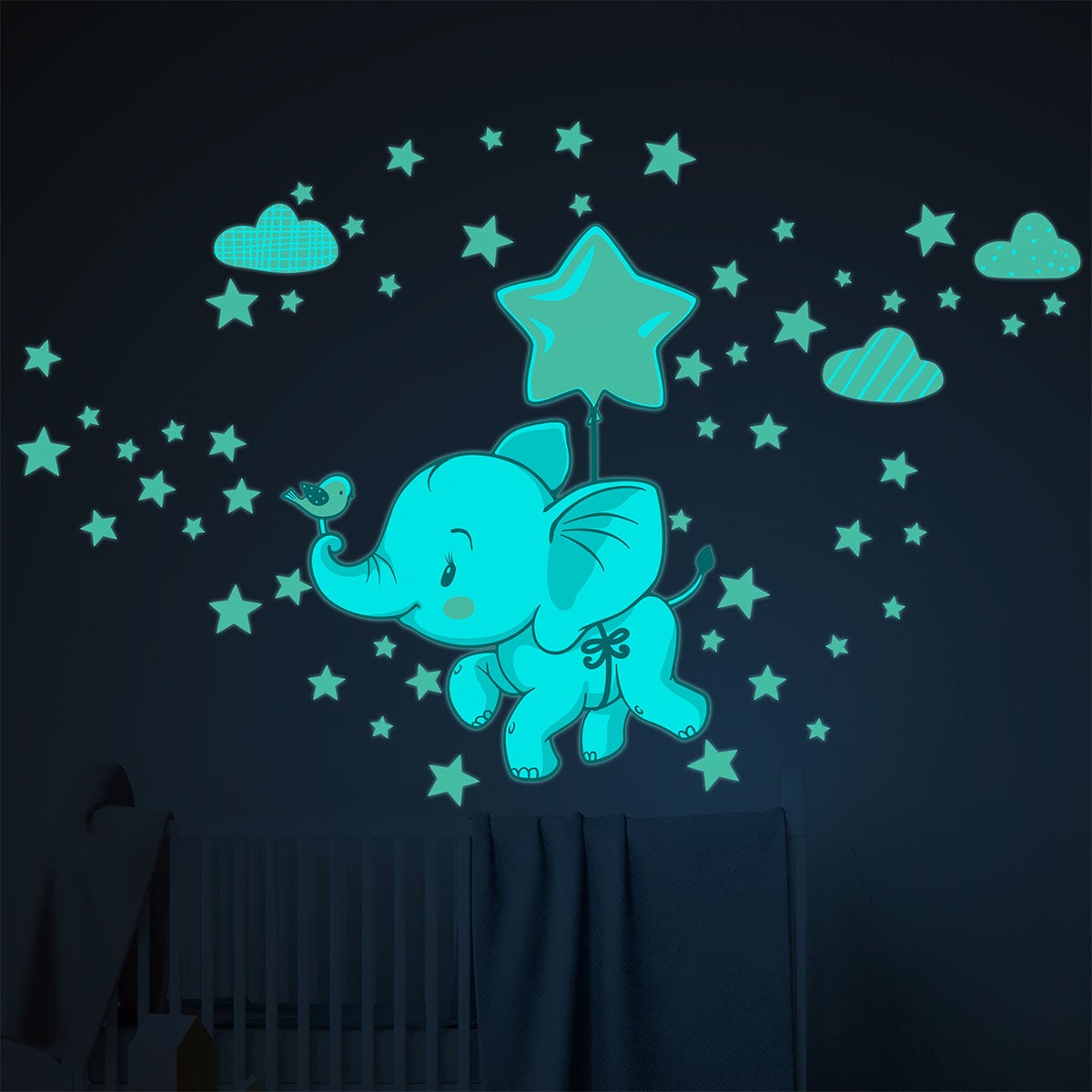 Sticker phosphorescent lumineux - ÉLÉPHANTS JOYEUX DANS LES NUAGES ...