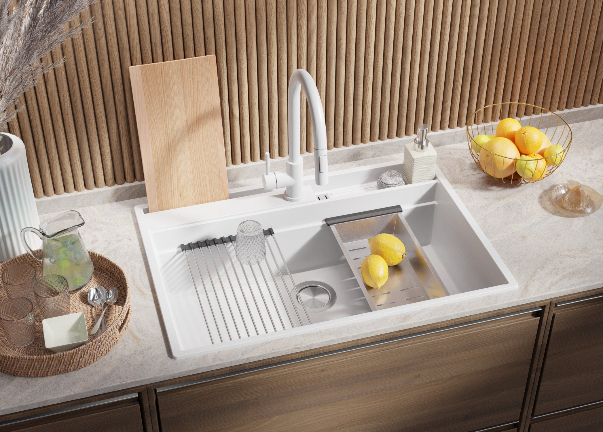 Evier Cuisine en Granit Blanc 78x53cm, Lavabo 1 bac + Kit de Vidage ...