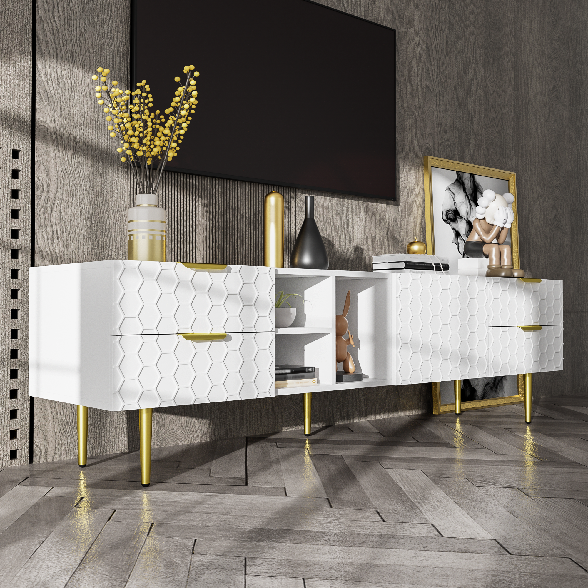 Mueble TV moderno de 170 cm - 4 cajones y 4 compartimentos - Blanco y ...