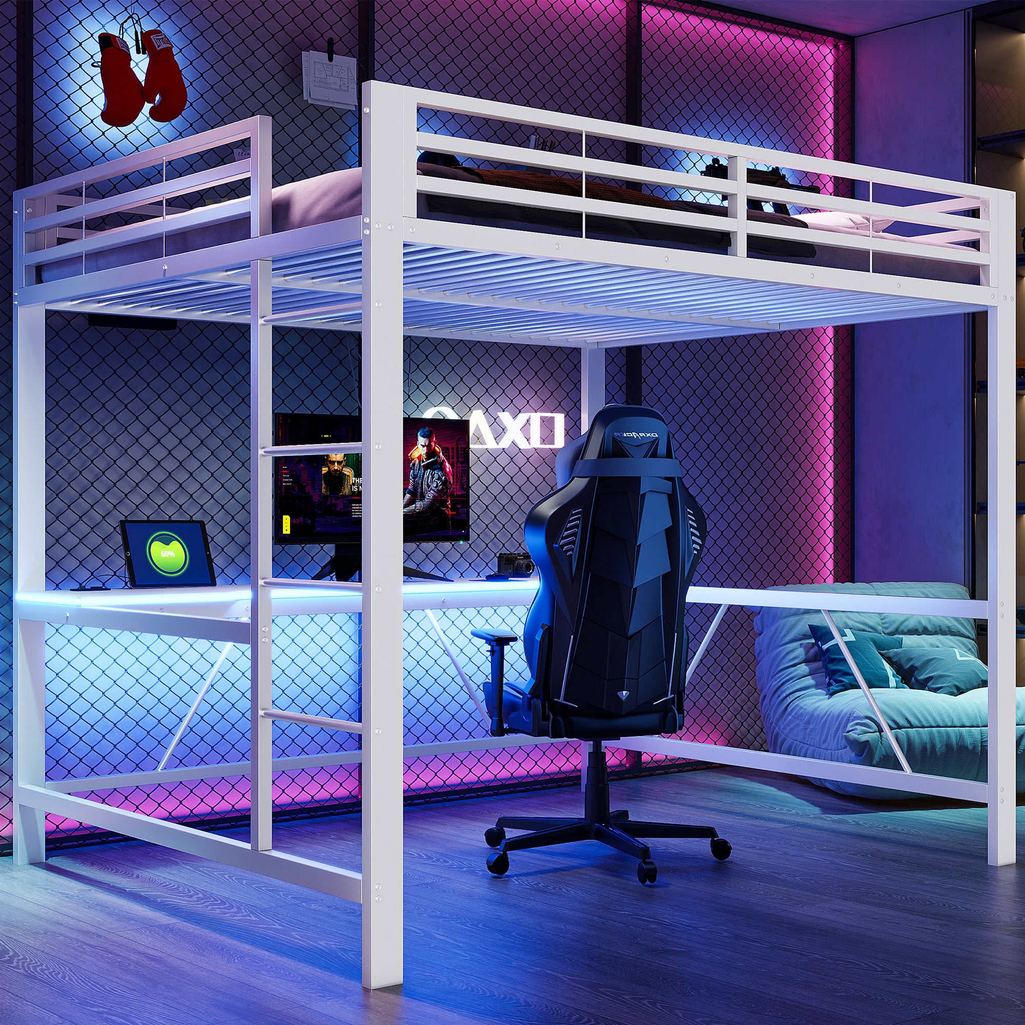 Lit Mezzanine 160X200 avec LED et USB, lit Mezzanine gaming en métal ...