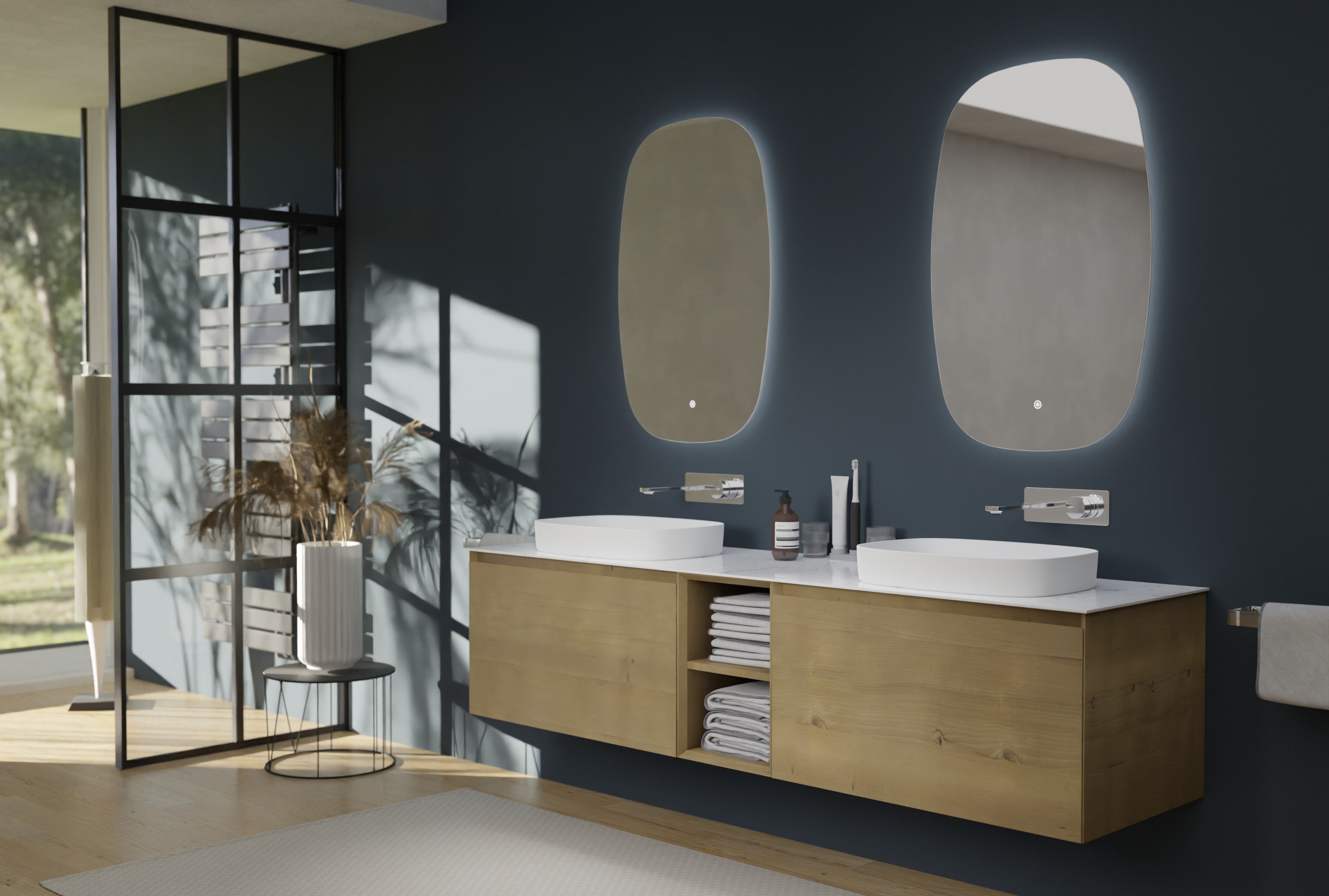 BERNSTEIN - Meuble vasque suspendu MDF Chêne, lavabos Blanc mat sans ...