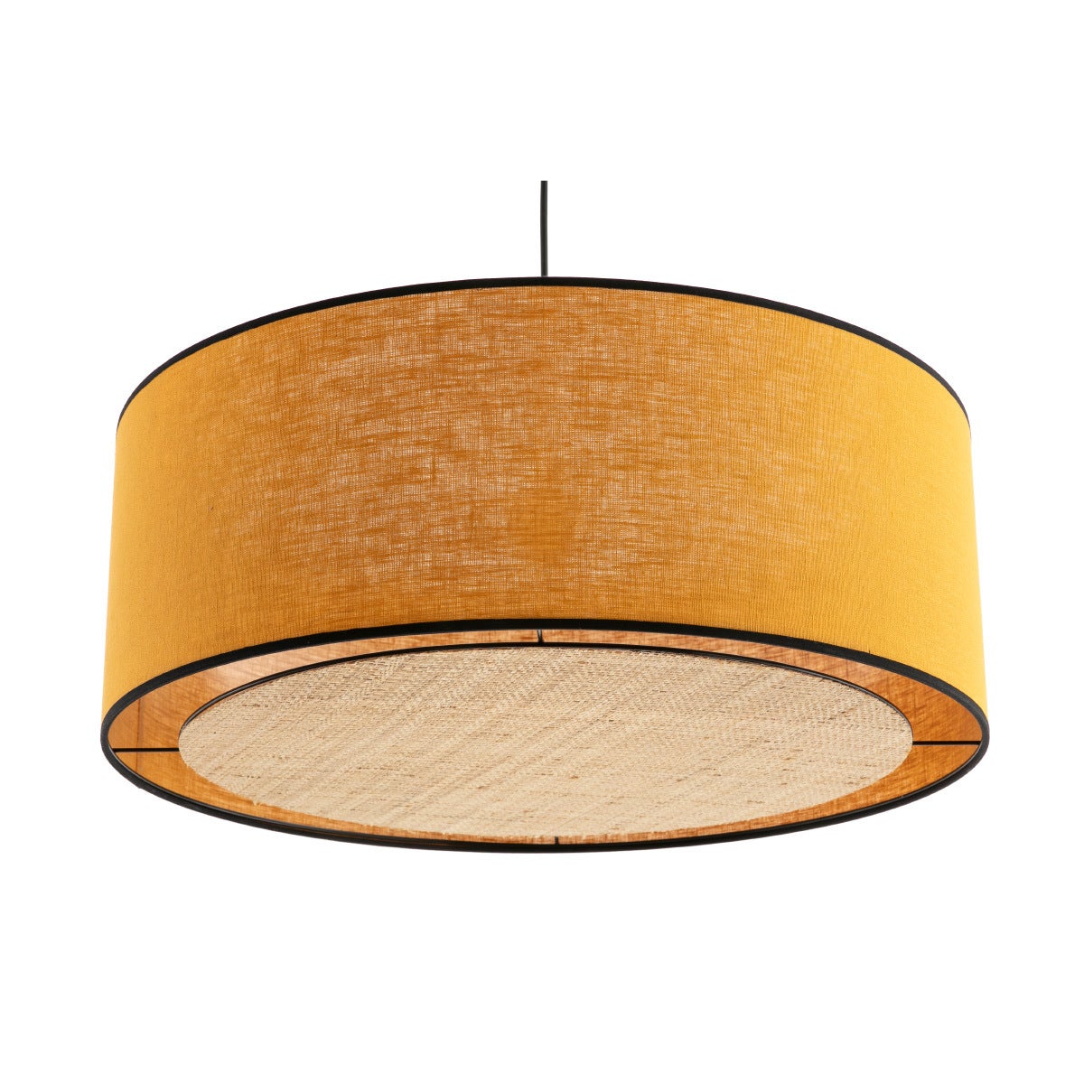 Suspension cylindrique en lin jaune moutarde et rabane naturelle D50 cm ...