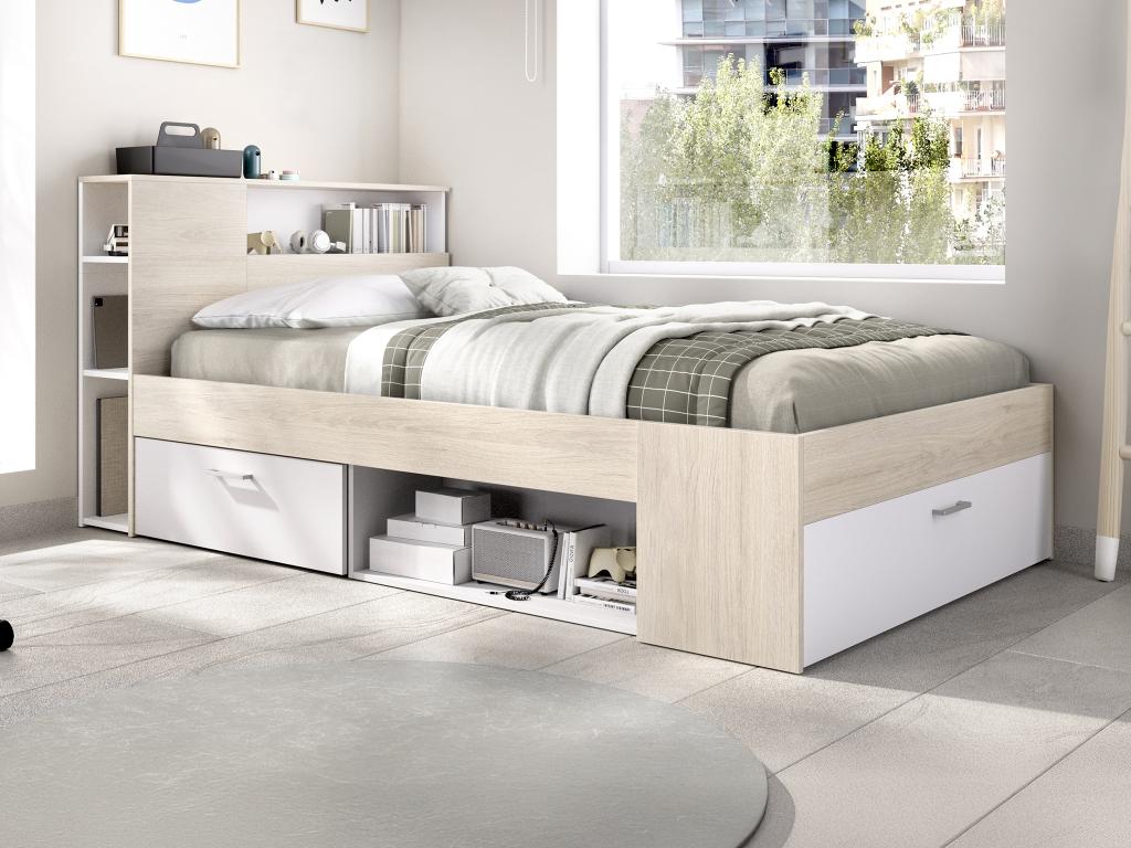 Lit avec tête de lit rangements et tiroir - 120 x 190 cm - Naturel et ...