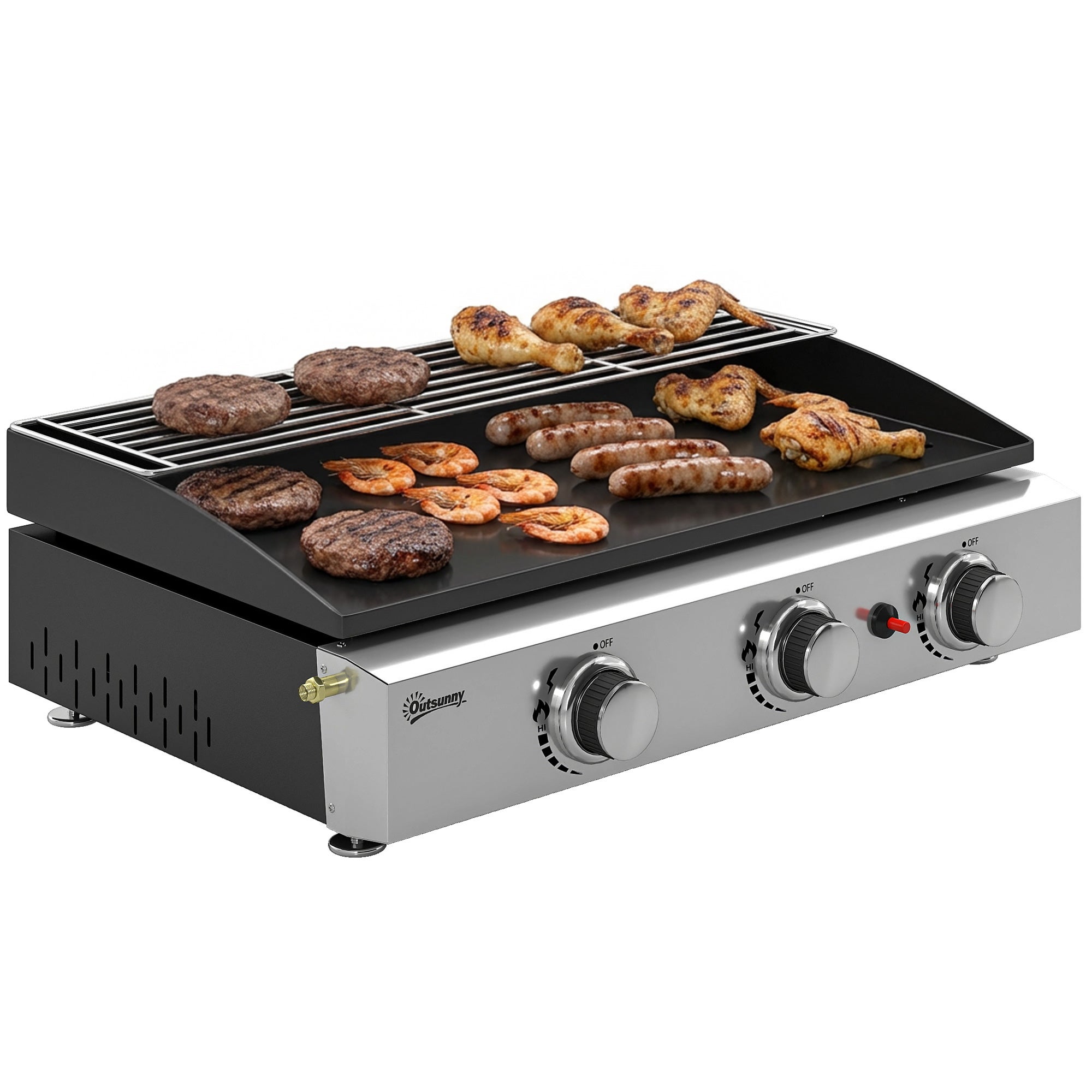 Piastra a gas in acciaio inox, 3 bruciatori, barbecue a gas con piastra ...