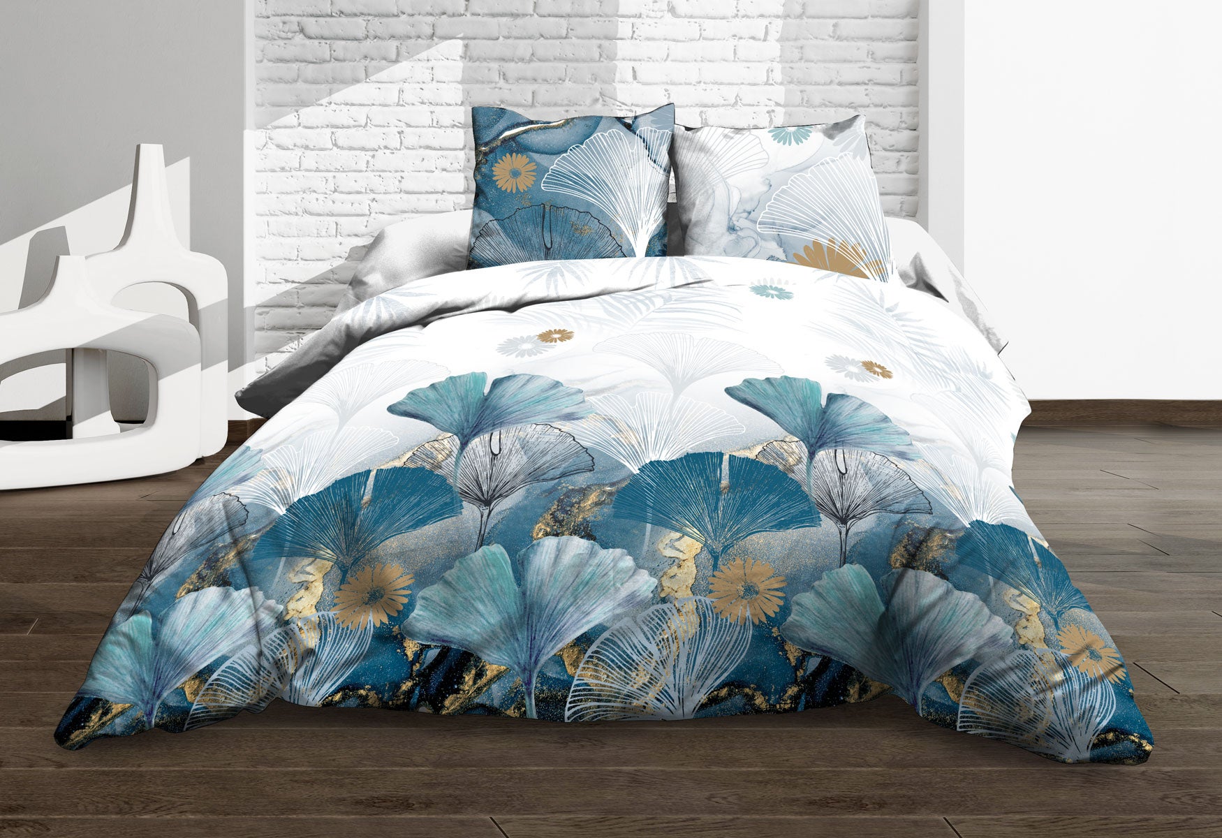 Housse de couette 220x240 + 2 taies - Pur coton 57 fils - Ginko bleu ...