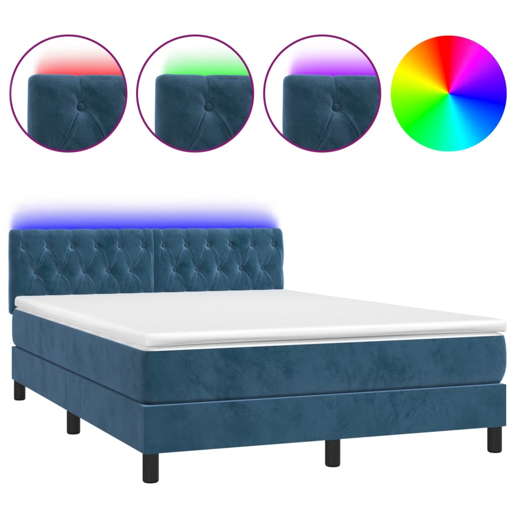 Cama box spring colchón y LED terciopelo azul oscuro 140x190 cm ...