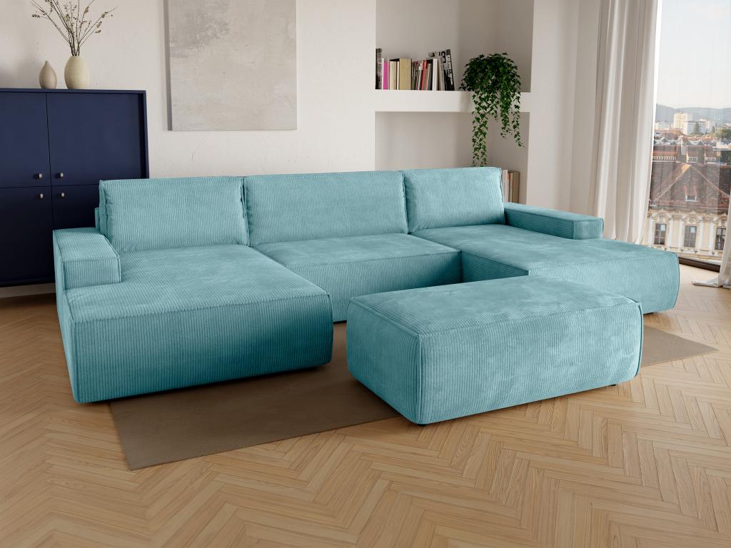 Gran sofá cama rinconera panorámico de pana azul turquesa AMELIA ...