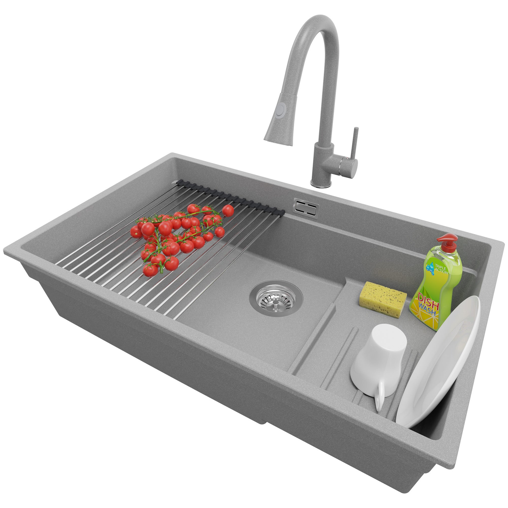 Evier Sous Plan Gris 76x47cm, Evier en Granit 1 bac + Kit de Vidage ...