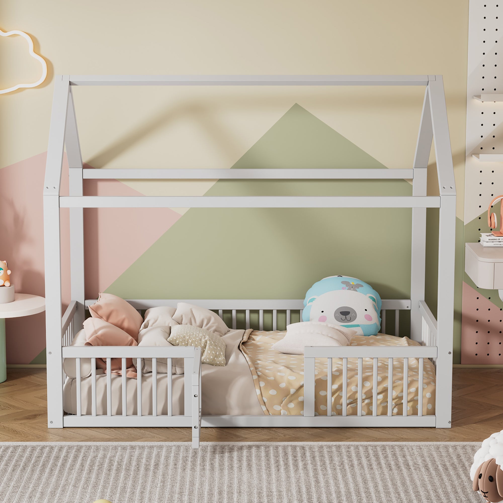 Lit cabane Lit simple Lit enfant 90 x 200 cm en bois massif avec porte ...