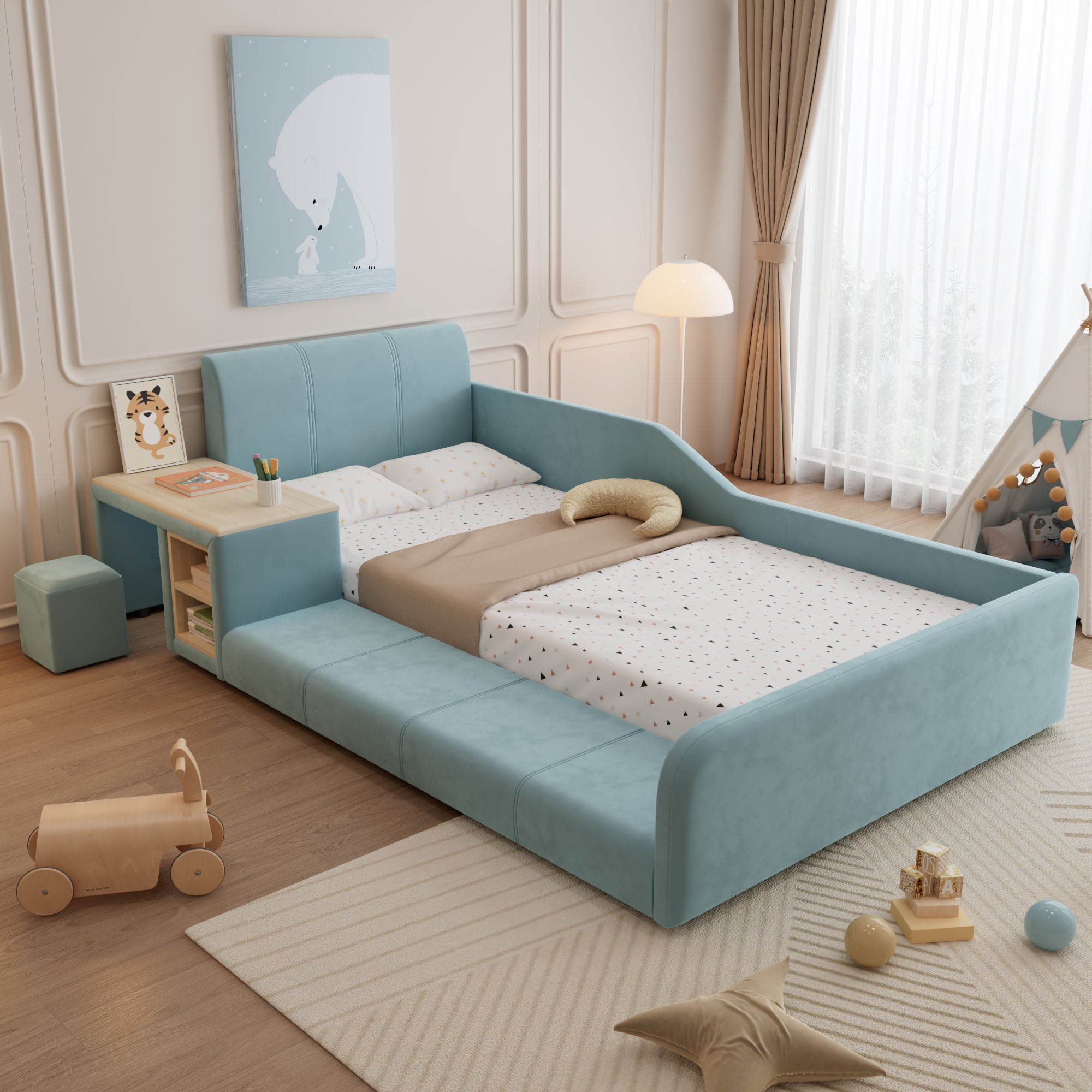 Lit capitonné 90 x 200 cm avec bureau et tabouret - Etagère de ...