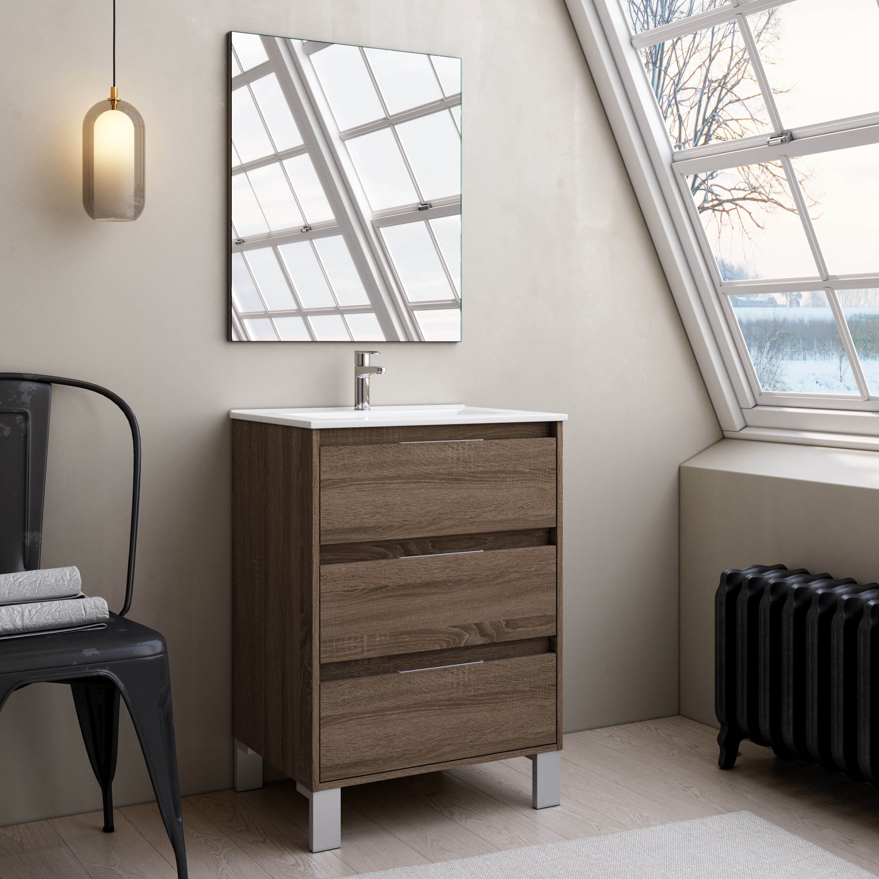 EGORE Pack Meuble de salle de bain avec lavabo + Miroir PISA 3 Tiroirs ...