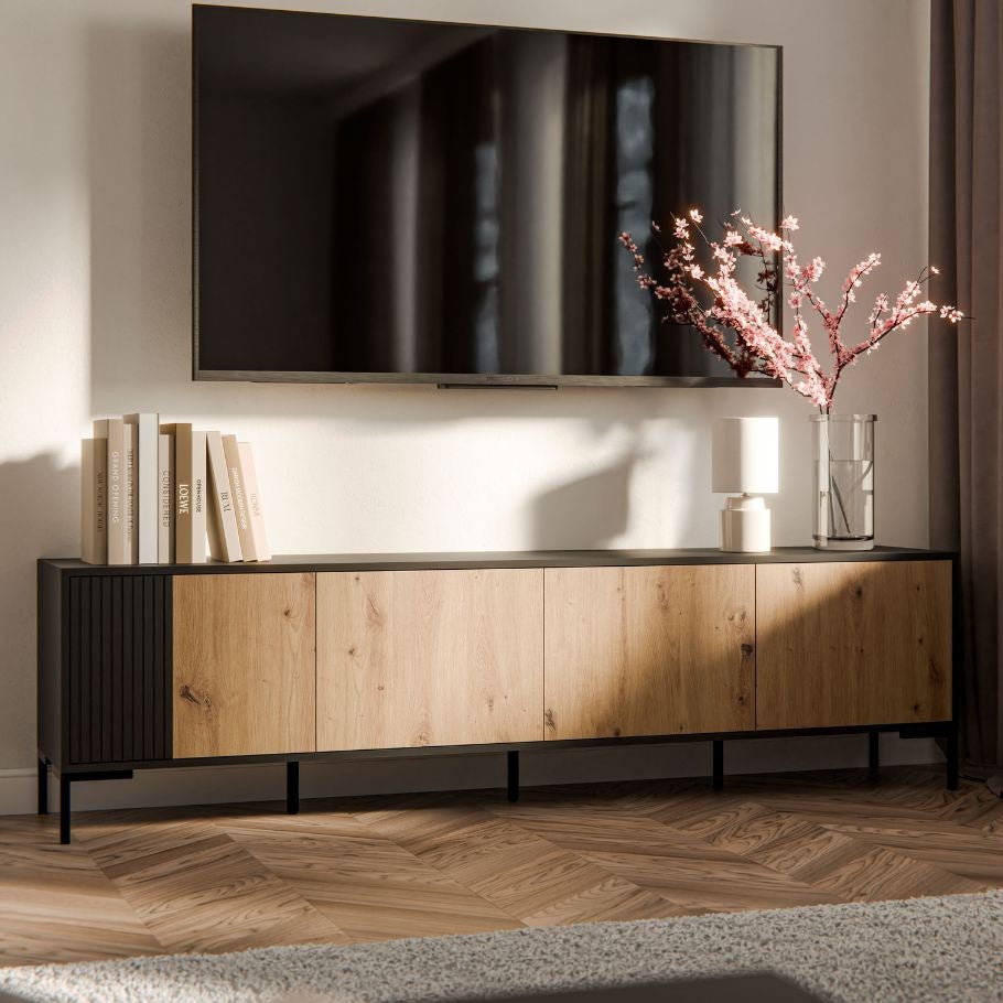 Mueble TV negro y madera 200cm - 4 puertas - Polo | Leroy Merlin