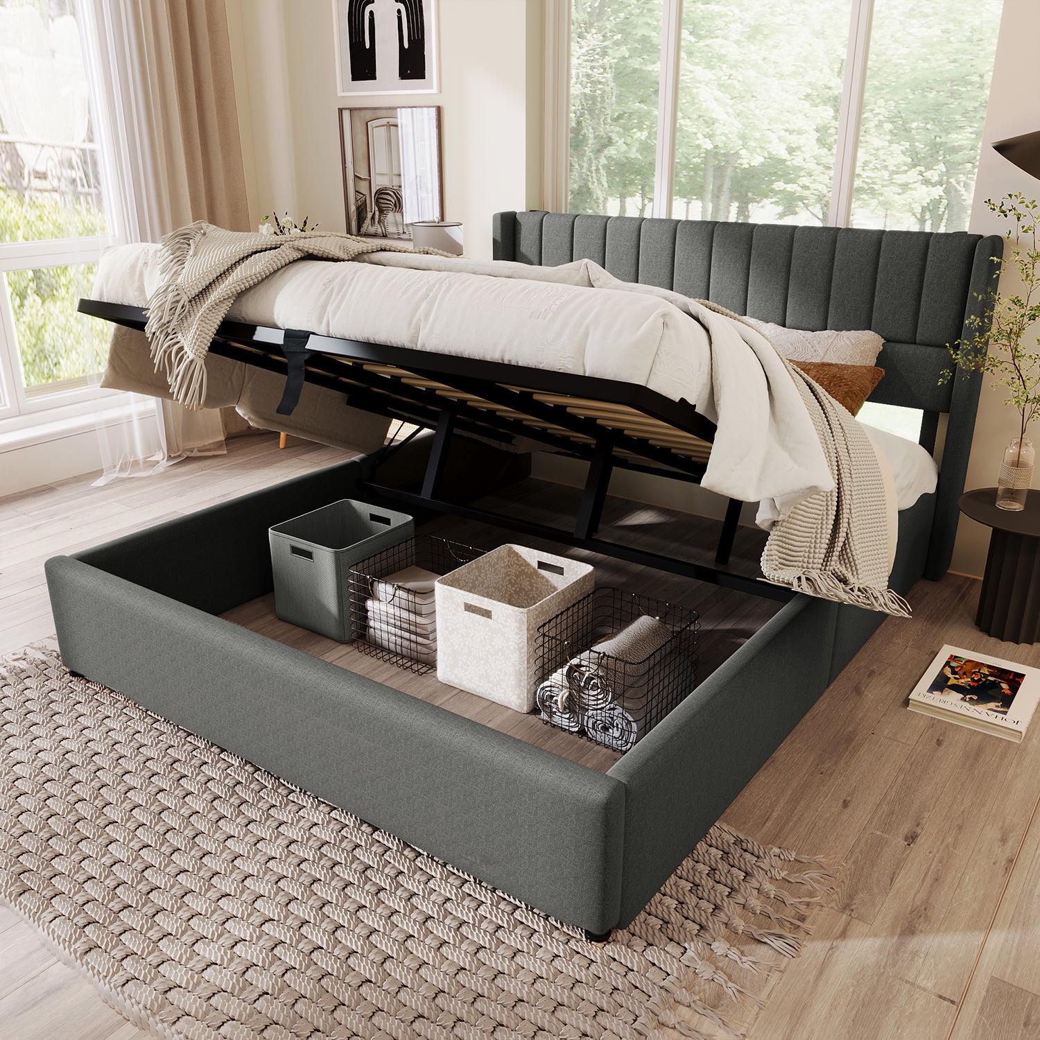 Lit coffre Lit de rangement Lit rembourré hydraulique lit avec sommier ...