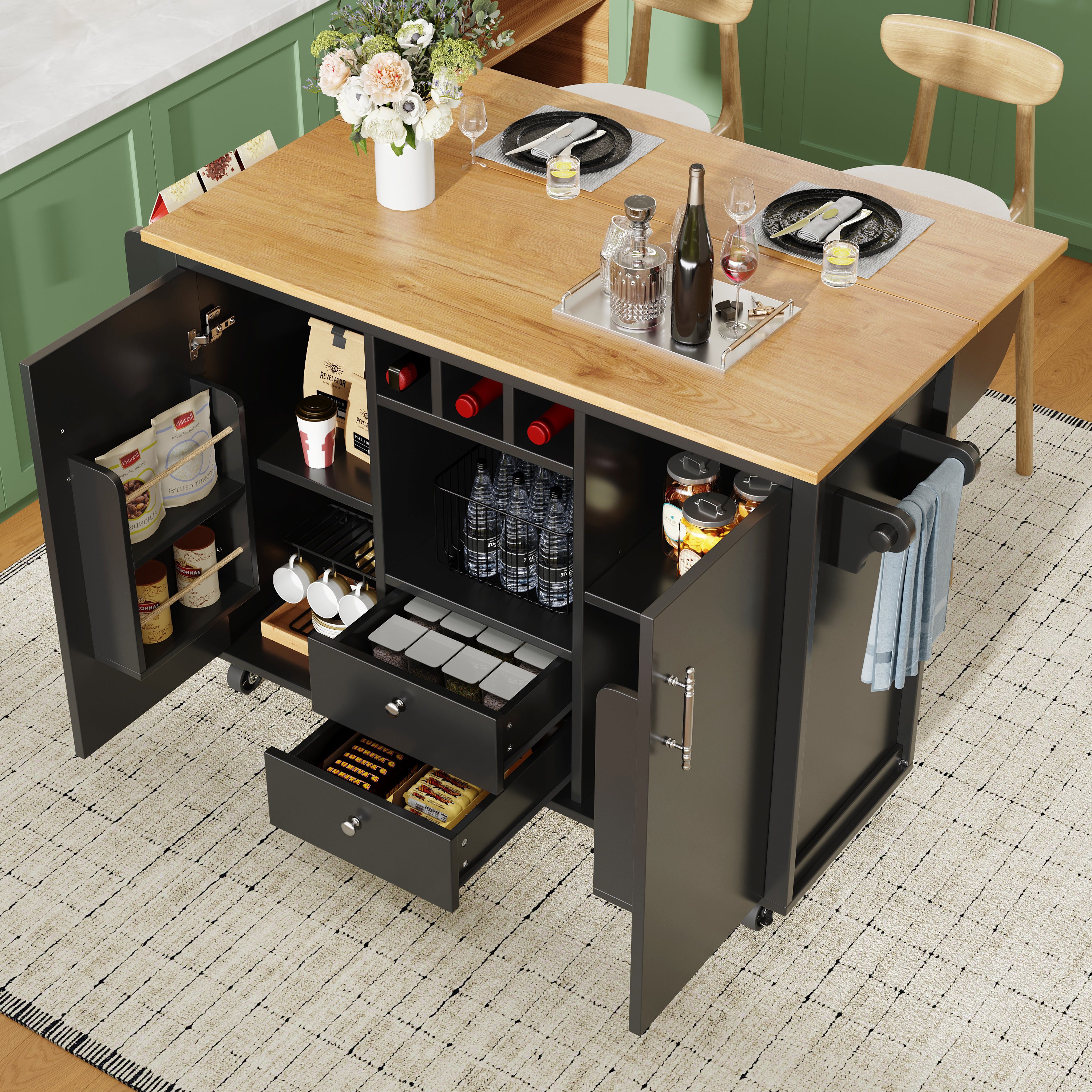 Meuble de Cuisine avec Rangement, Îlot Central avec Plateau Pliant, 2 ...