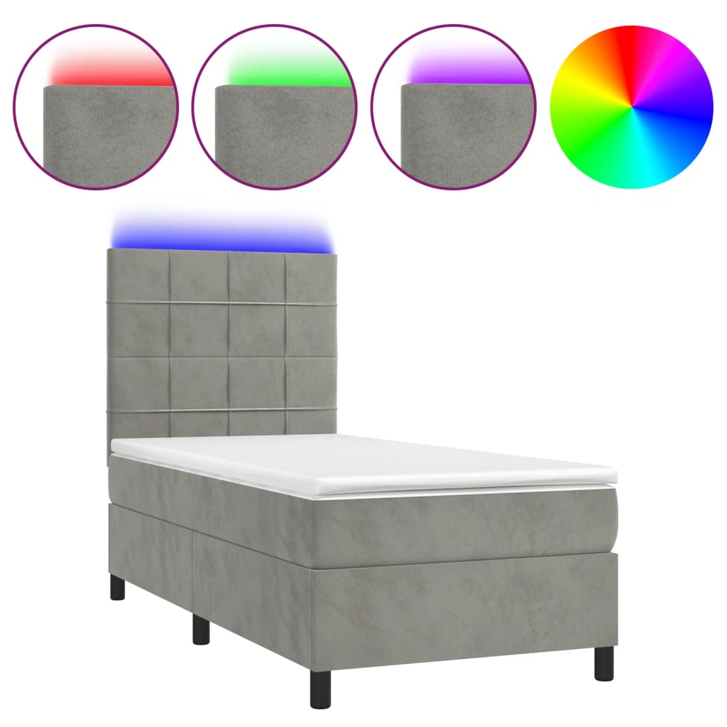 Lit boxspring avec matelas et lumière LED velours gris 90x200 cm ...