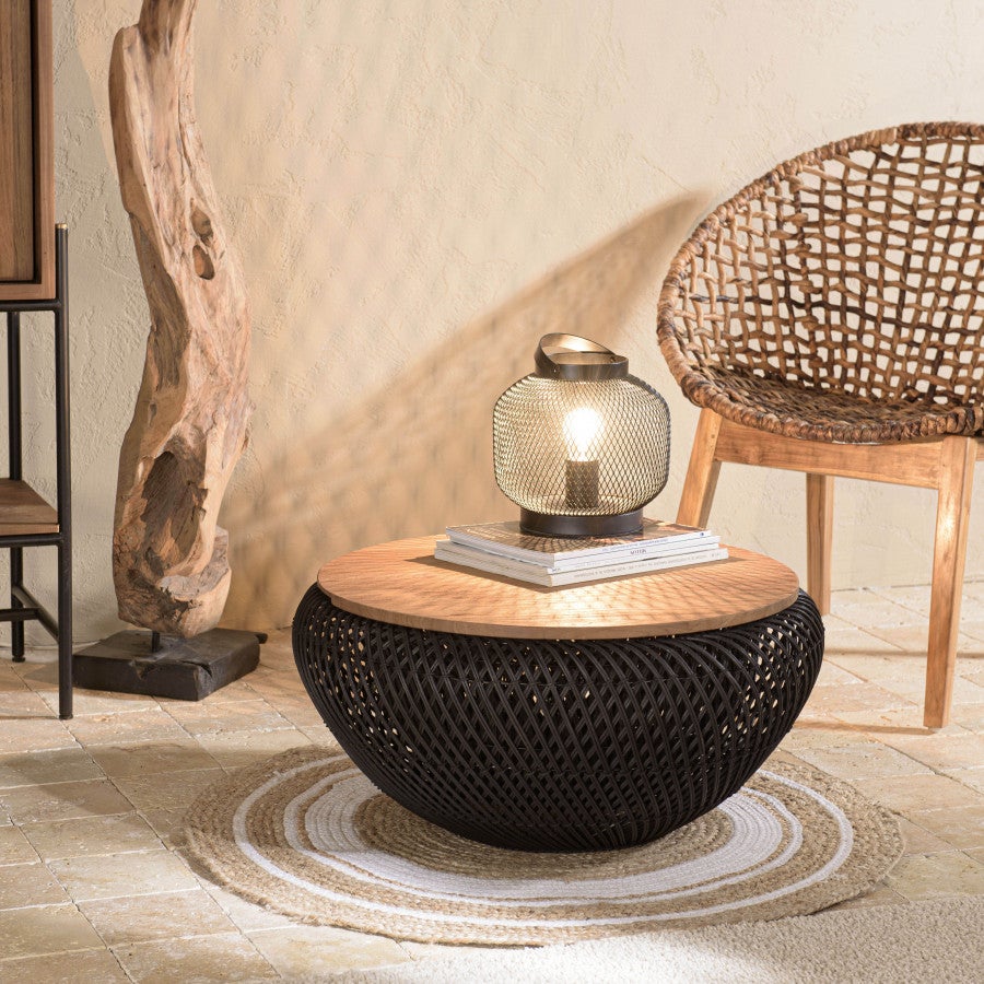 SIXTINE - Table basse ronde diam65 plateau bois teck recyclé rotin noir ...