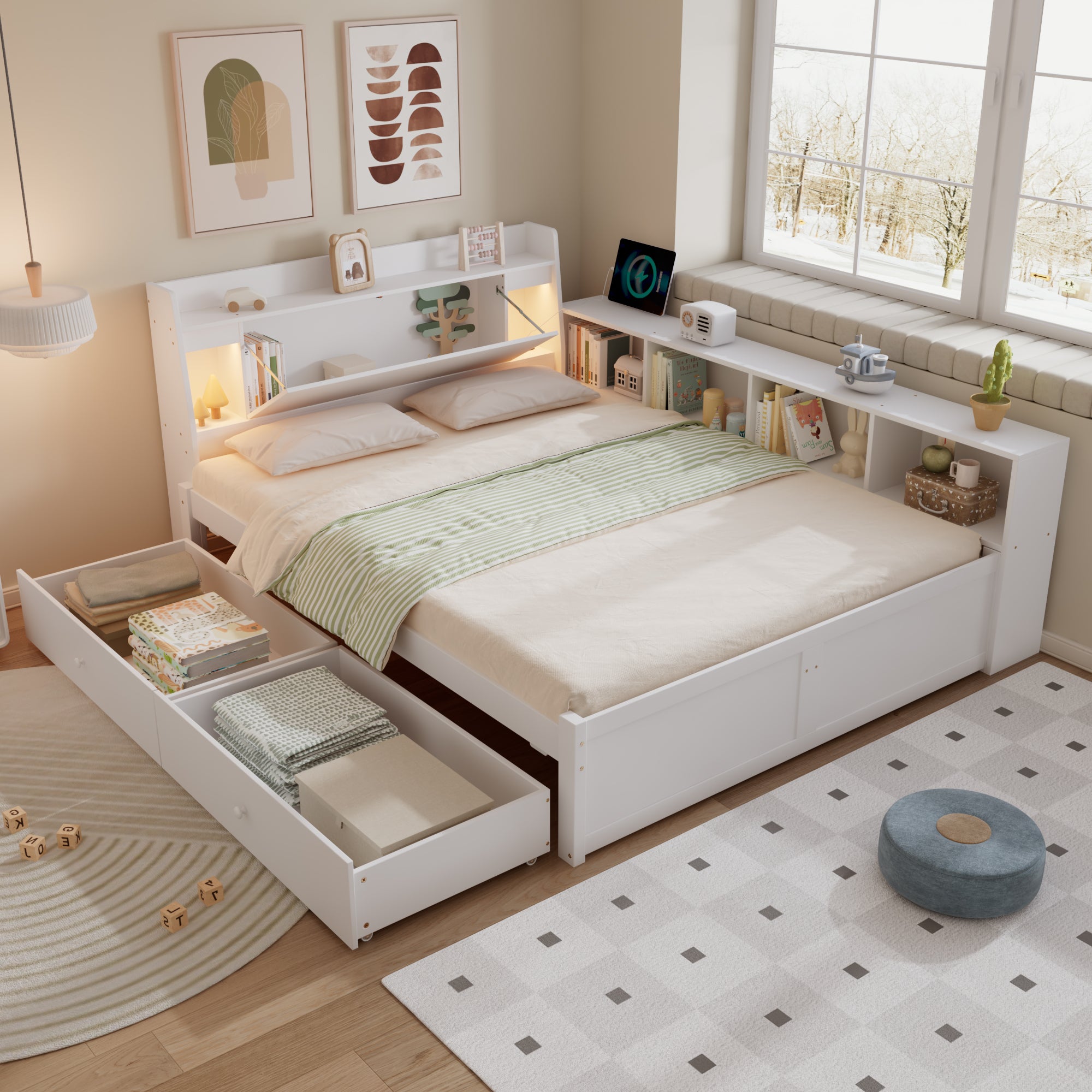 Cama doble blanca 140x200 cm, cabecero con estante, 2 luces, puerto USB ...