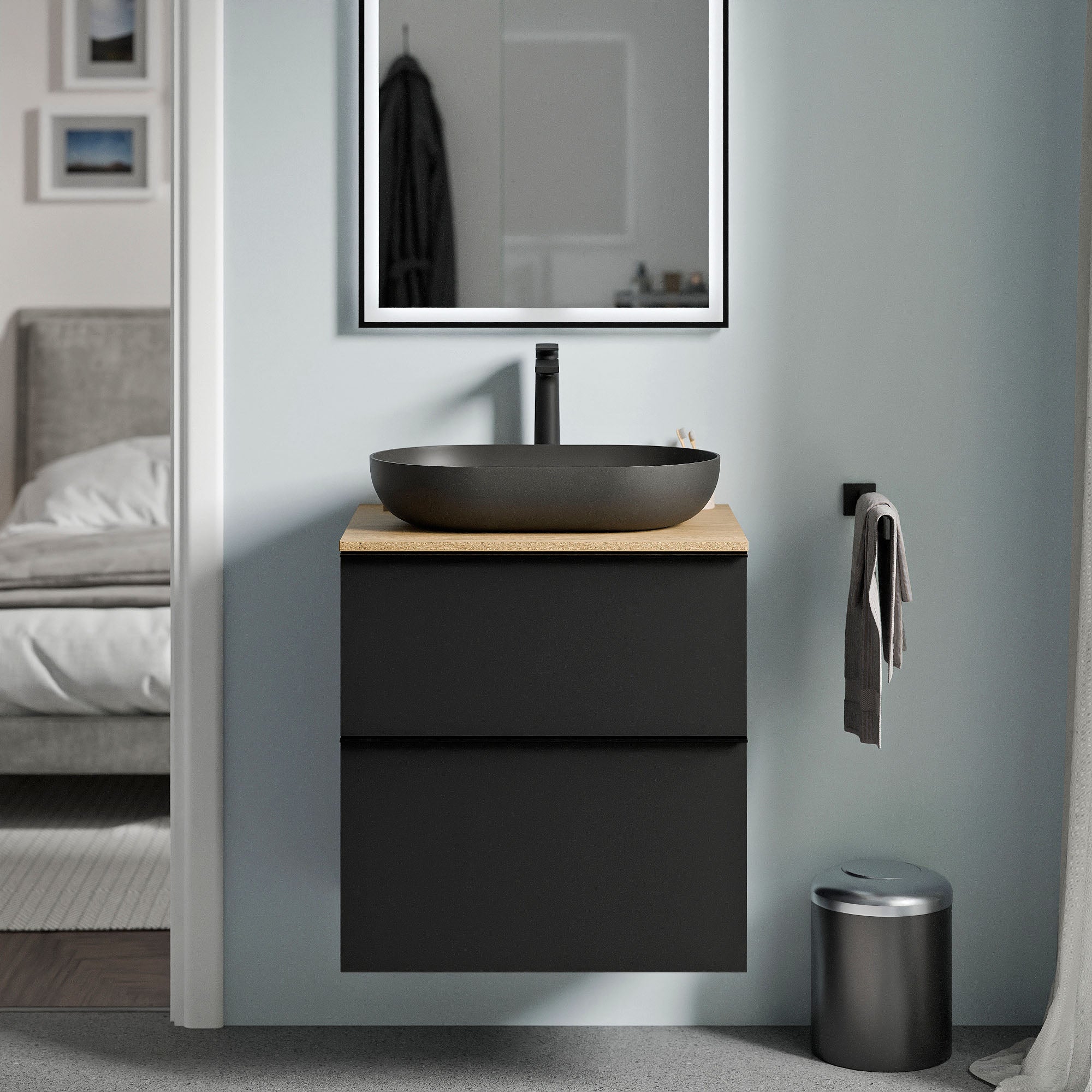 BERNSTEIN - Mueble de lavabo suspendido en MDF negro mate, encimera de ...