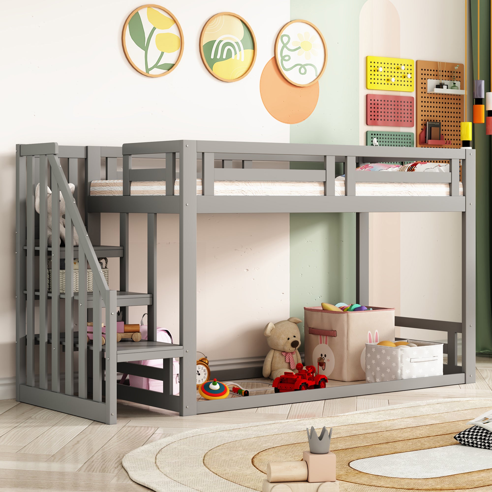 Cama infantil de 90 x 200 cm, litera baja con escalera de seguridad ...