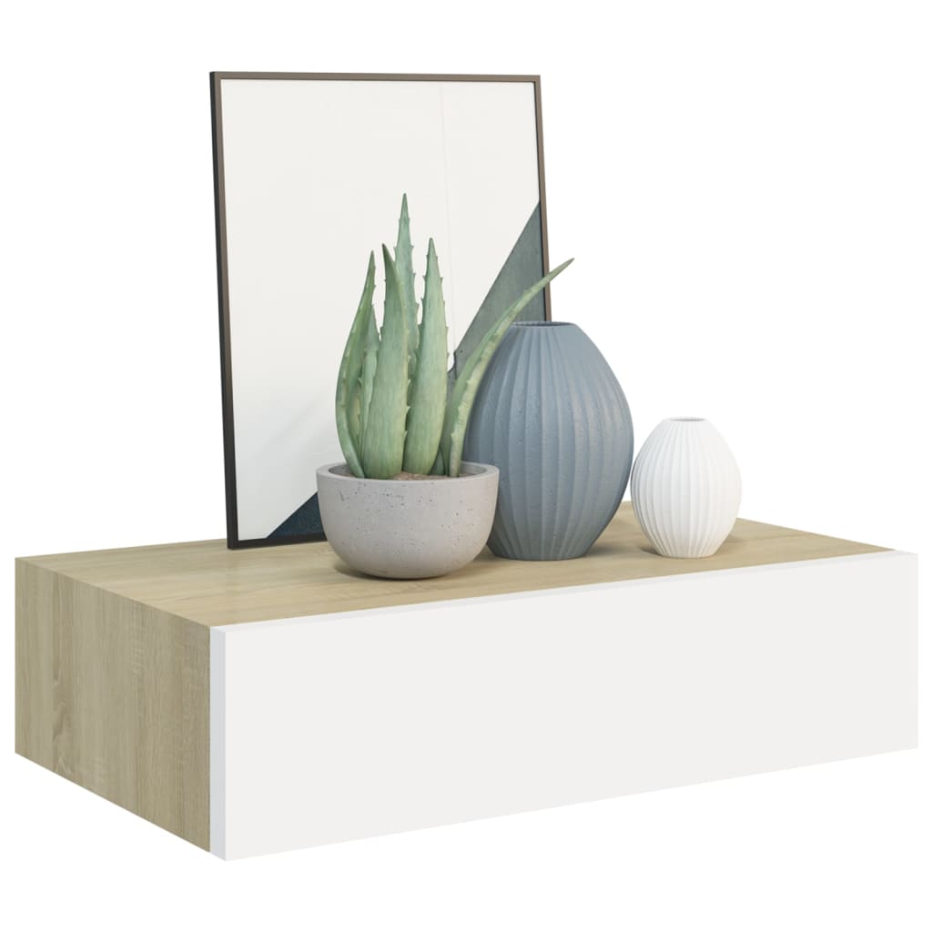 Étagère à tiroir murale Chêne et blanc 40x23,5x10 cm MDF | Leroy Merlin
