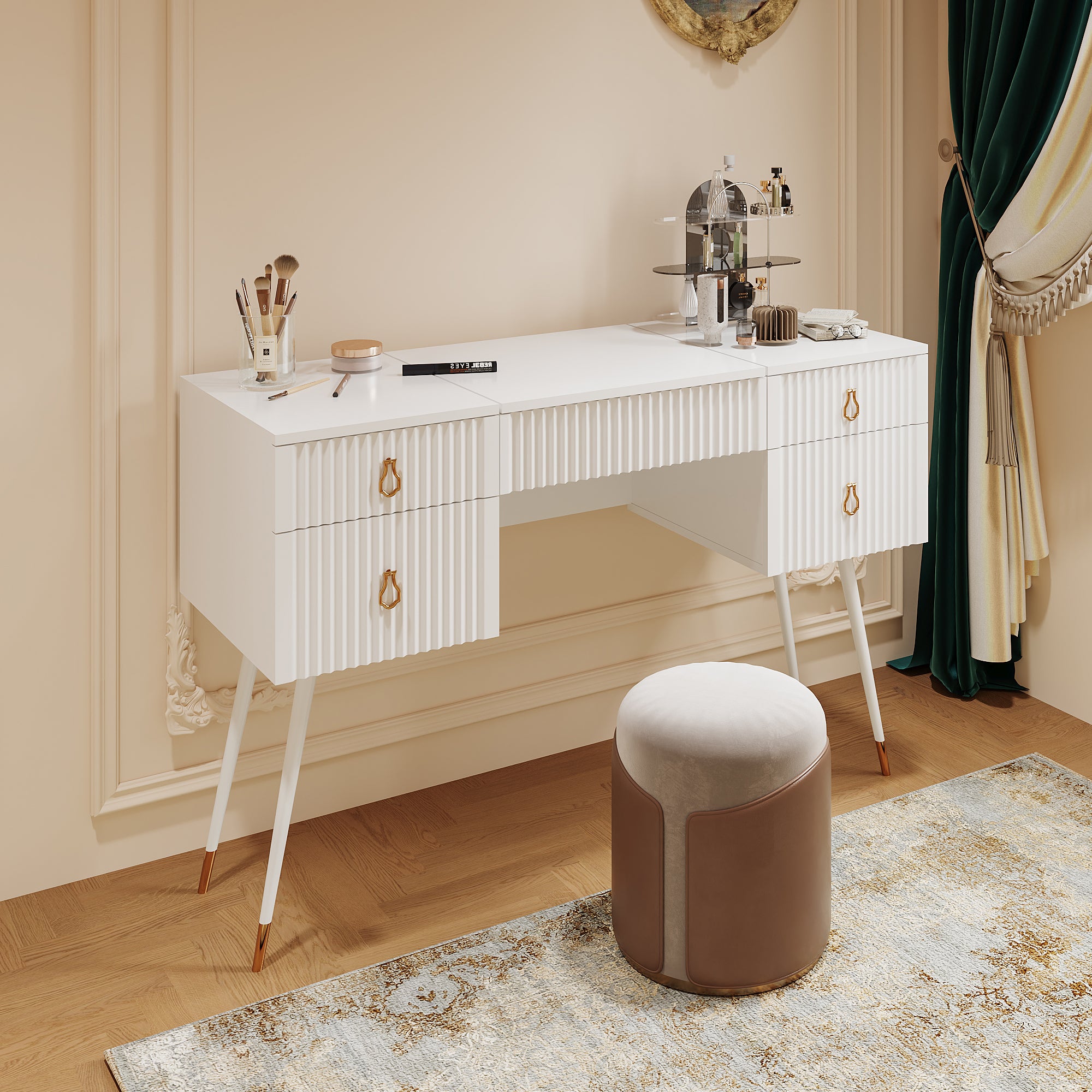 Coiffeuse blanche avec miroir LED à luminosité réglable et 4 tiroirs ...