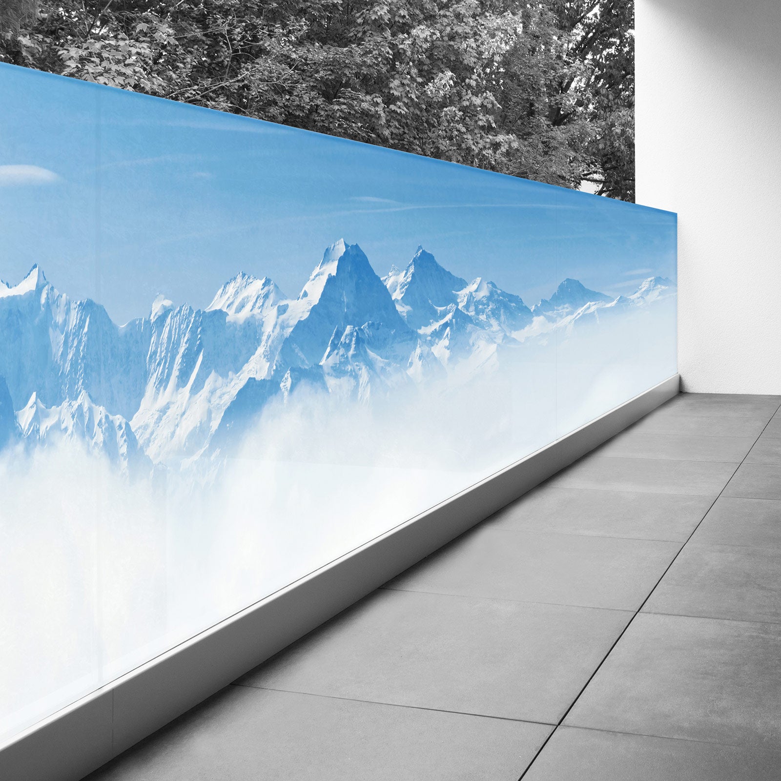 Brise vue Trompe l'oeil - 120x480 cm - Montagnes neige - Bâche 80% d ...