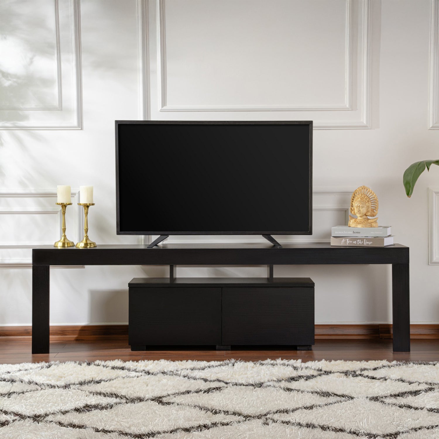 Meuble TV avec placards bois noir 180cm BASI | Leroy Merlin