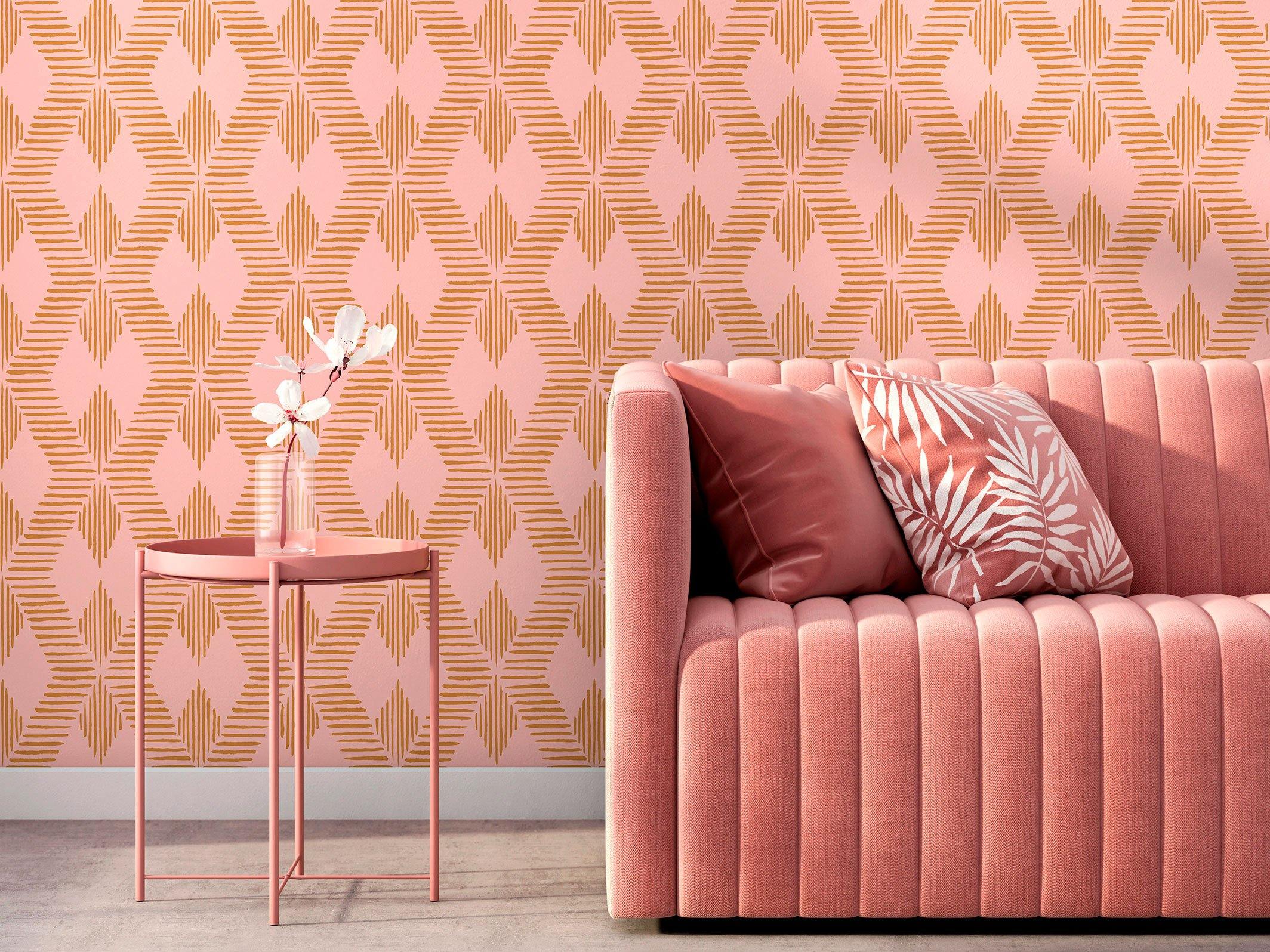 Papier peint géométrique - Andrée - Rose blush & Ocre doré | Leroy Merlin